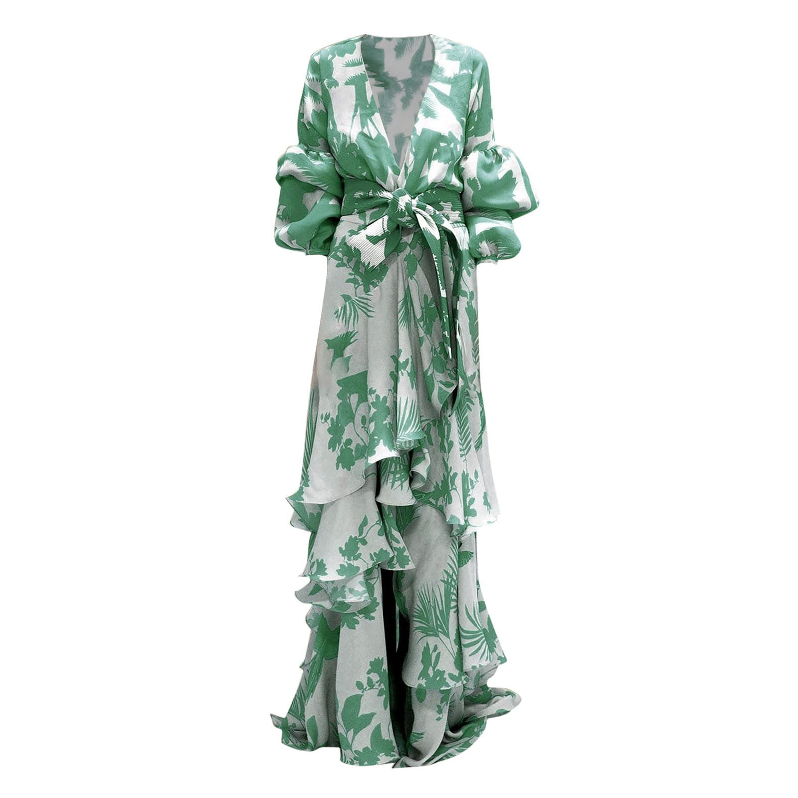 DVKOVI Women's Print Dress Chiffon Yarn Slit Dress V Neck Faux-Wrap ...
