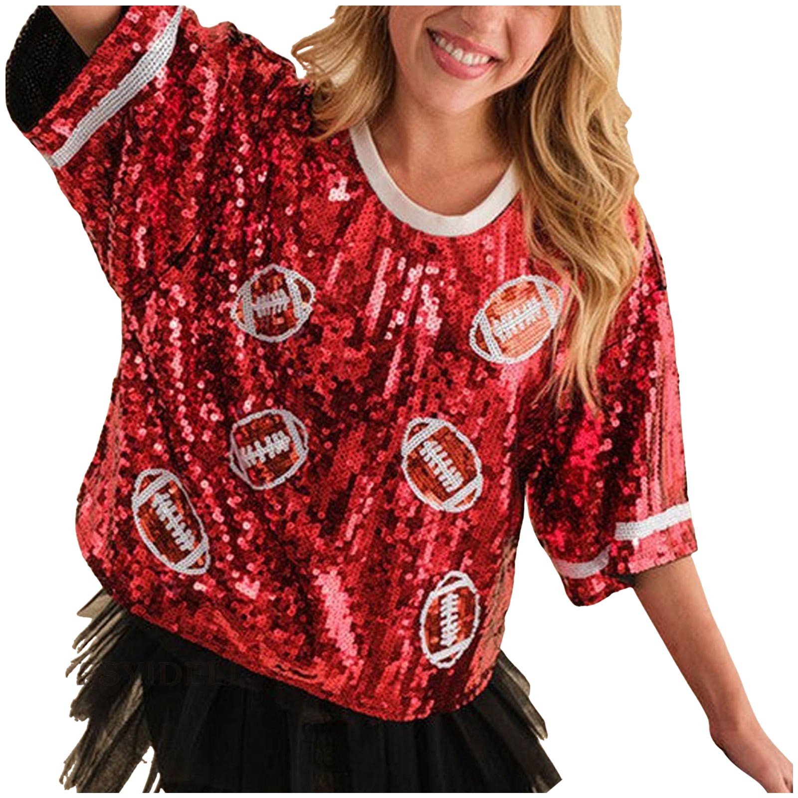 DVKOVI Women's Sequin Loose T Shirt Round Neck Half Sleeve Elbow Length ...