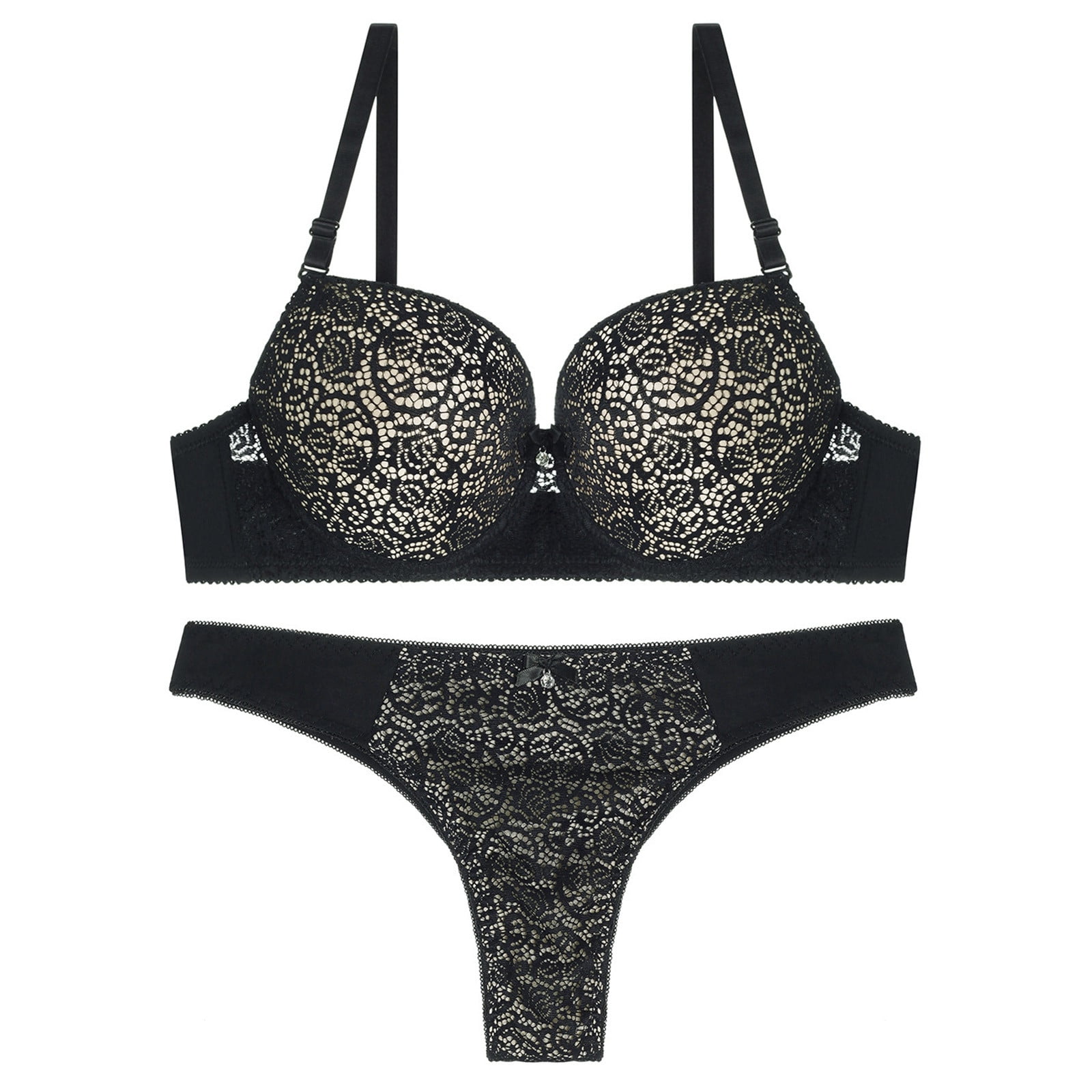 Dvkovi Womens Sexy Lace Sheer Thong Bra Set Soft Padded Full Coverage Bra Back Closure