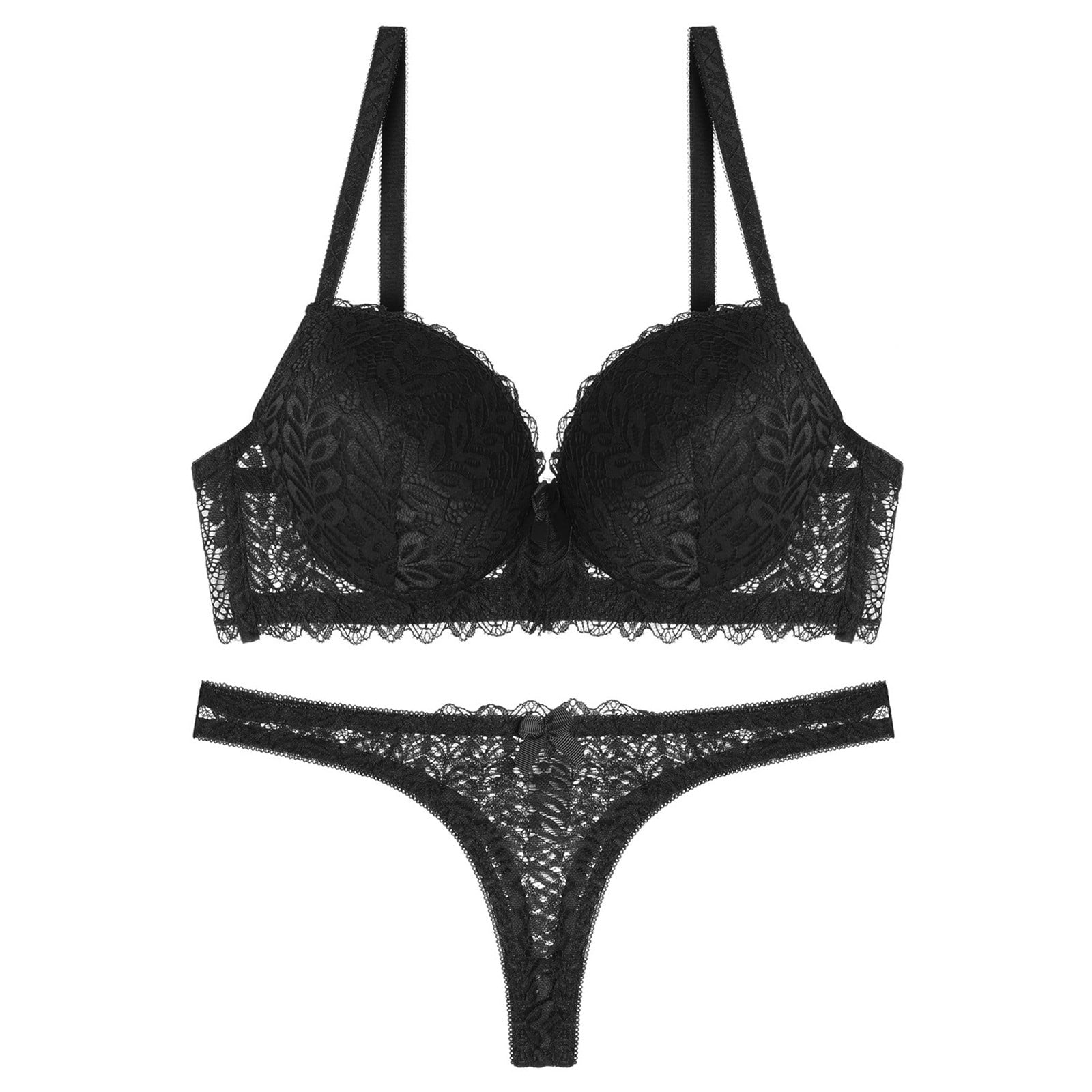 Dvkovi Womens Solid Color Sexy Push Up Bra Thong Set Lace Mesh Underwear Thong Set Lift Full