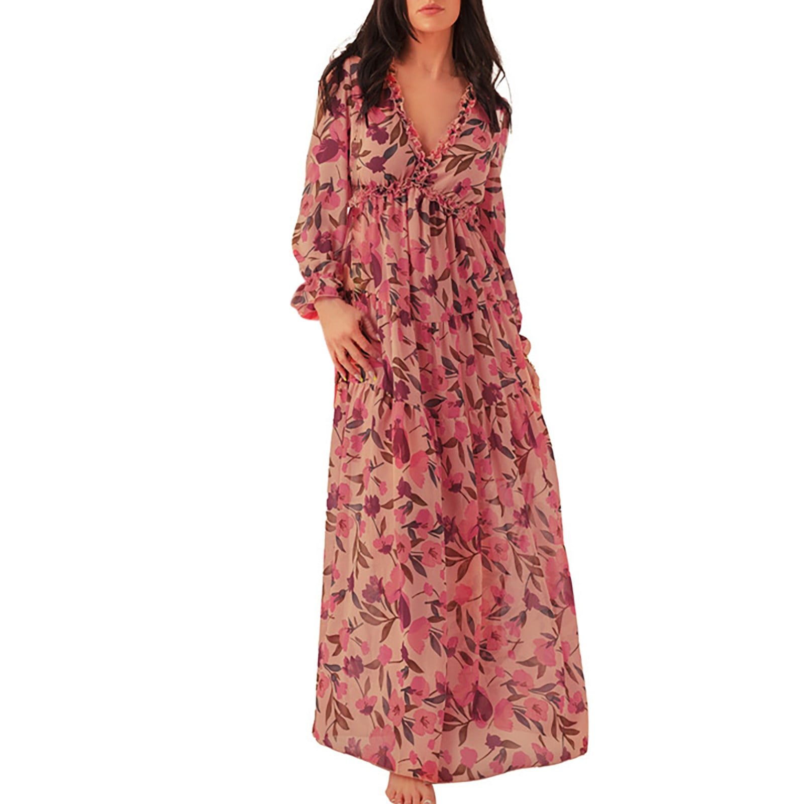 DVKOVI Women's Spring Deep V Neck Ruffle Floral Printed Bubble Sleeve ...