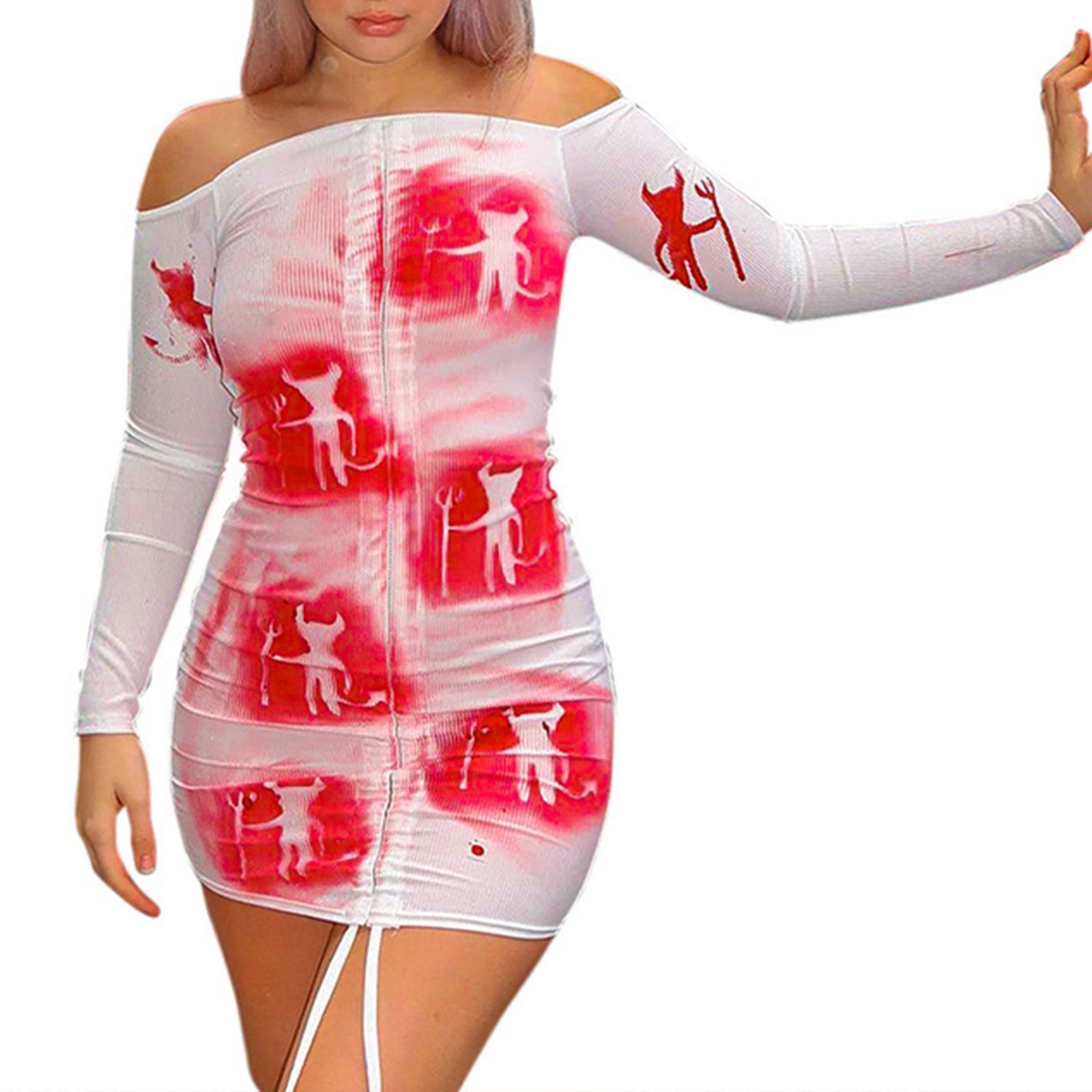 DVKOVI Womens Print Slim Fit Dress Long Sleeve Sexy Bodycon Dresses Off ...