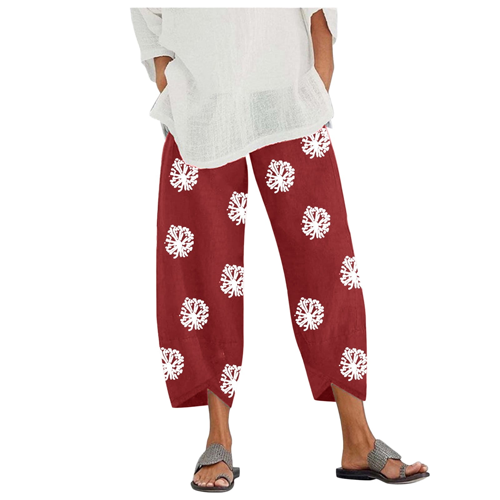 DVKOVI Womens Linen Capris Pants Boho Baggy Cropped Trousers Wide Leg ...