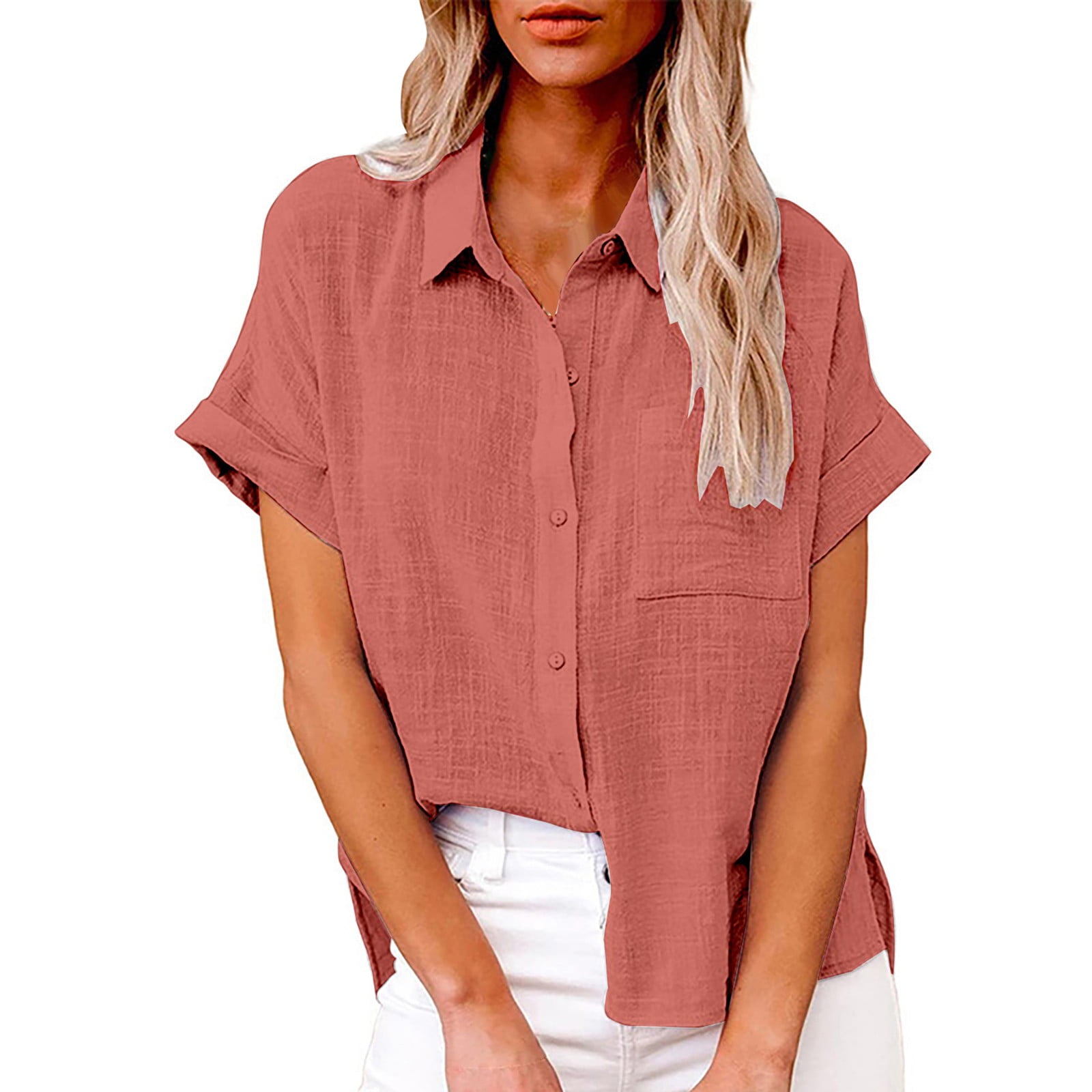 DVKOVI Womens Short Sleeve Shirts Solid Linen Casual Loose Button Down ...