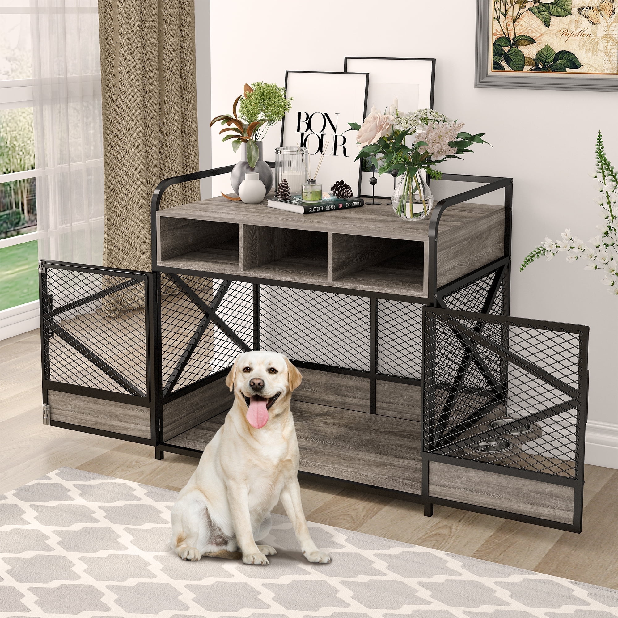 DAWNYIELD 39"L Wooden Dog Crate Furniture with Chew-Proof Mesh, 360 ...
