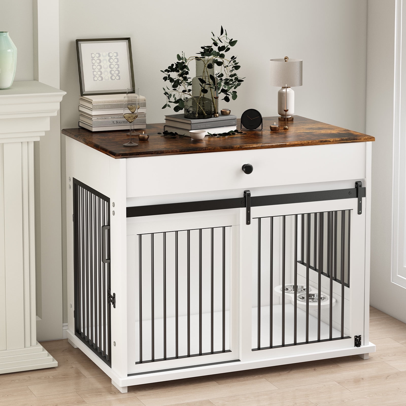 DAWNYIELD Modern Wooden Dog Crate Furniture with Sliding Barn Door ...