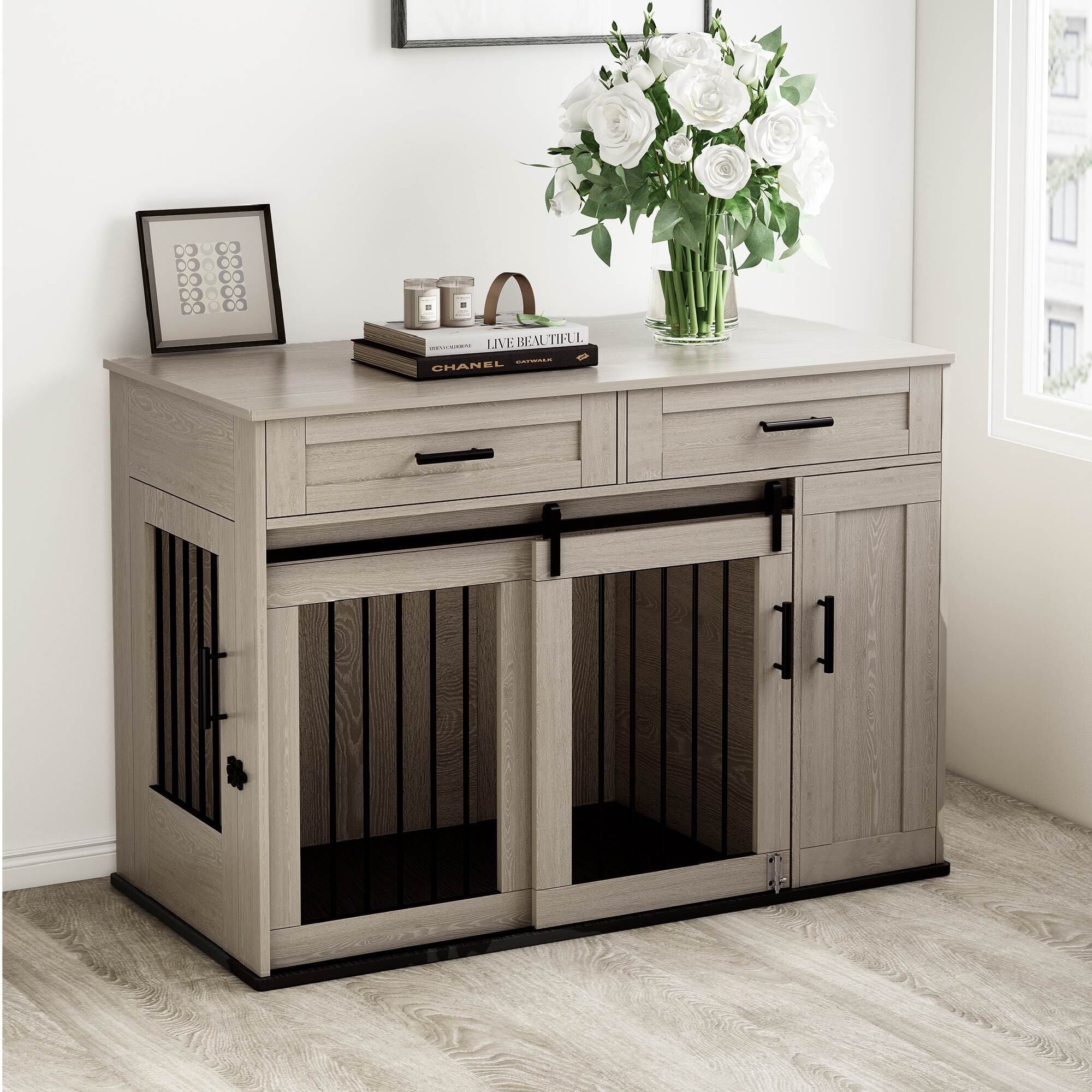 DWANYIELD Upgraded Storage Dog Crate Furniture with Sliding Doors, 2 ...