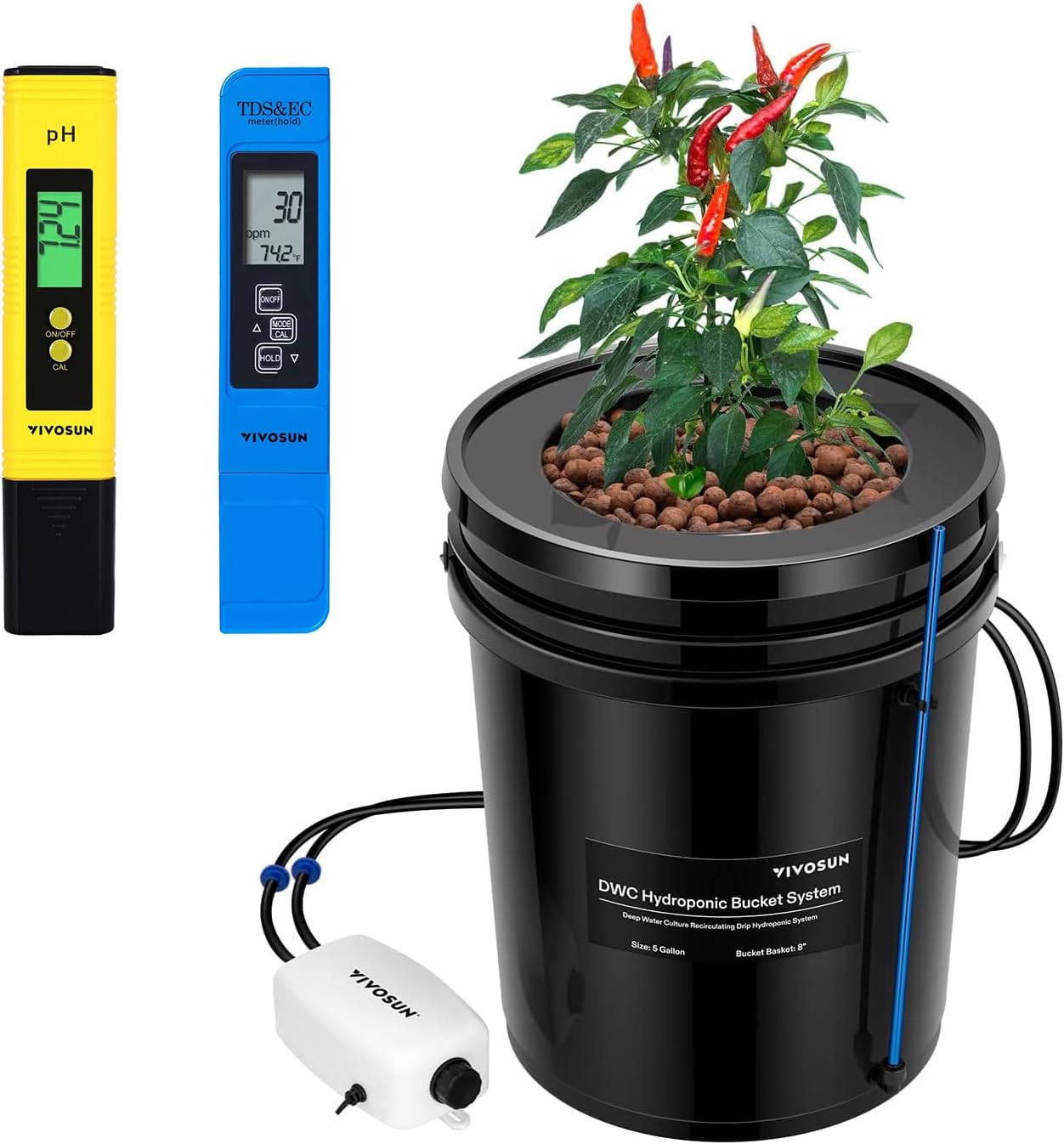 DWC Hydroponic Growing System, 5-Gallon Deep Water Culture with pH and ...