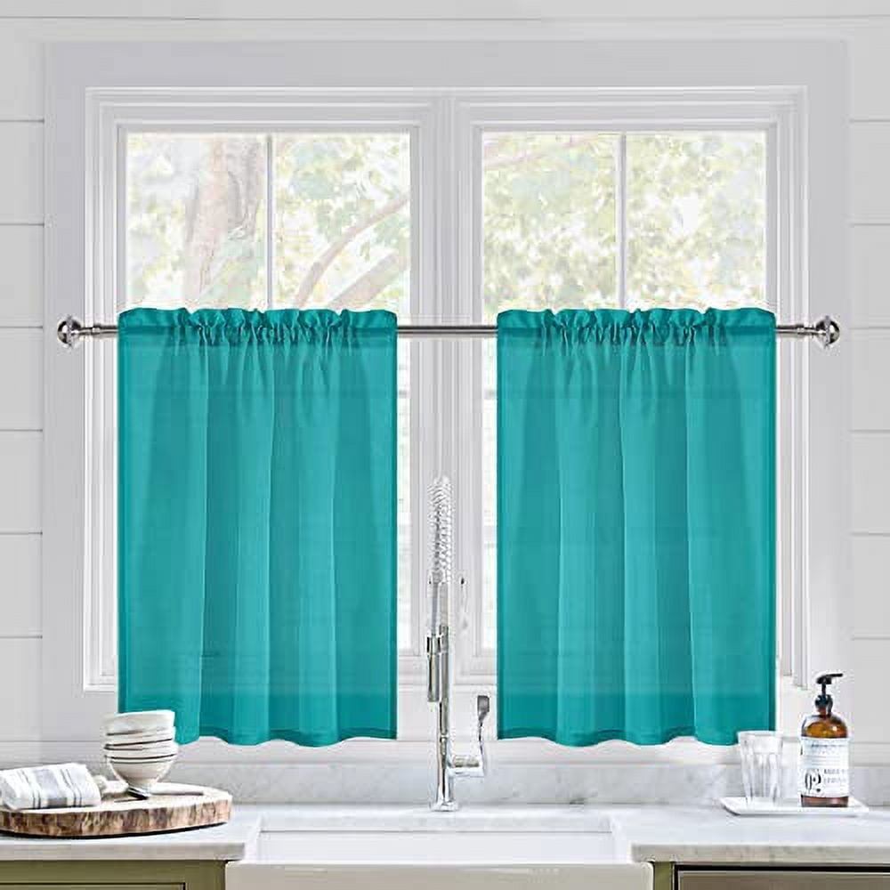 DWCN Turquoise Sheer Curtains for Kitchen Windows - Rod Pocket Semi ...