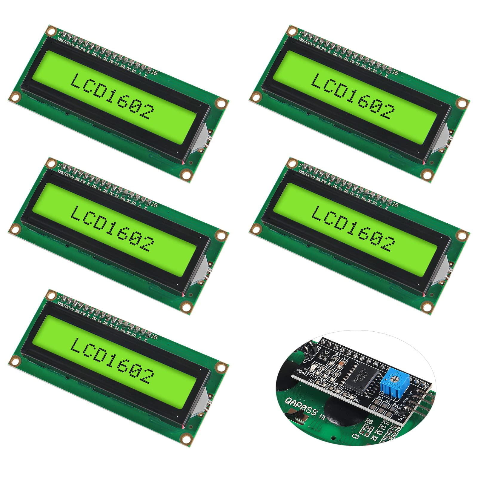 DWEII 5-Pack I2C 1602 SSF20 LCD Display Module 16X2 Character Serial Green Screen Backlight LCD ...