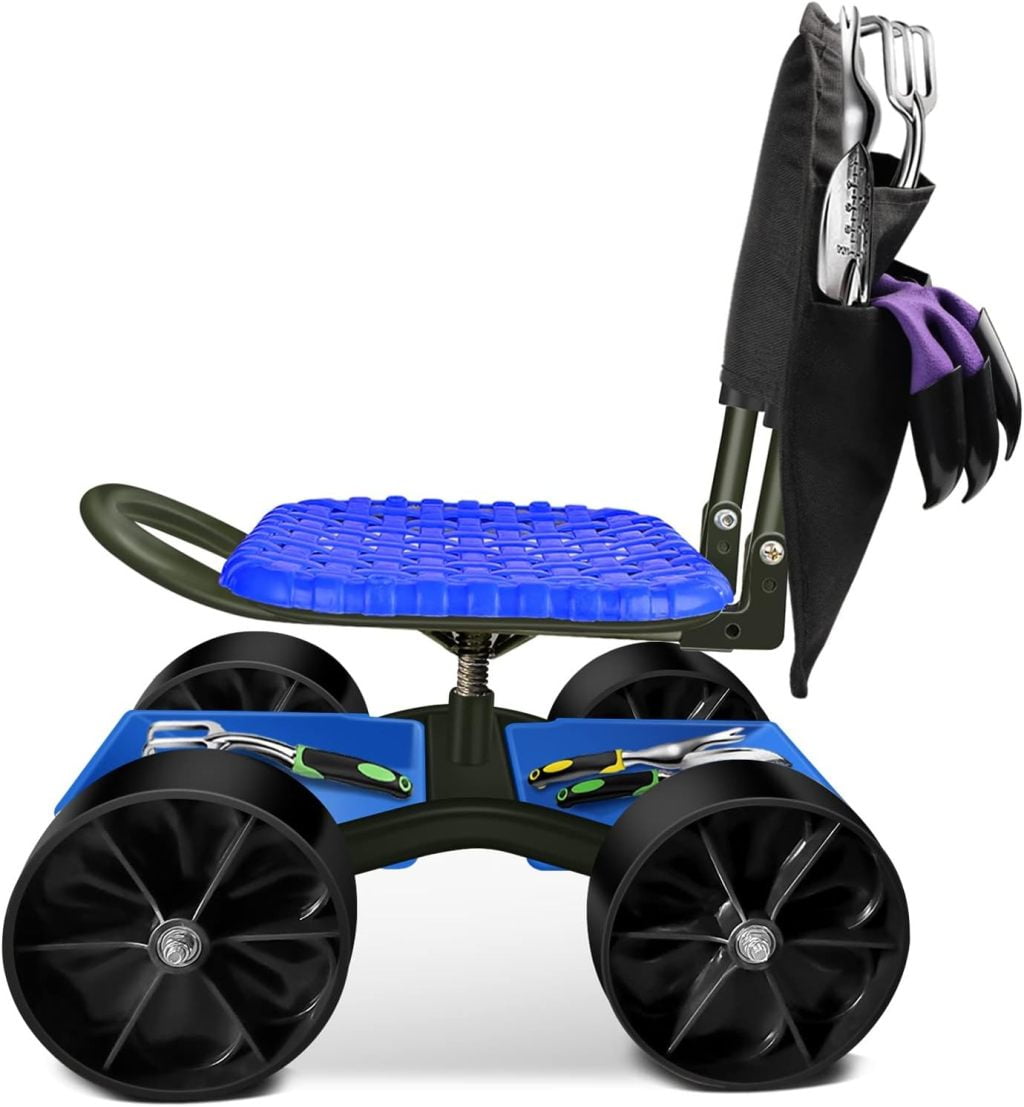 DWQF Garden Cart Rolling Stool with Four Wheels and Tool Bag, Stable ...