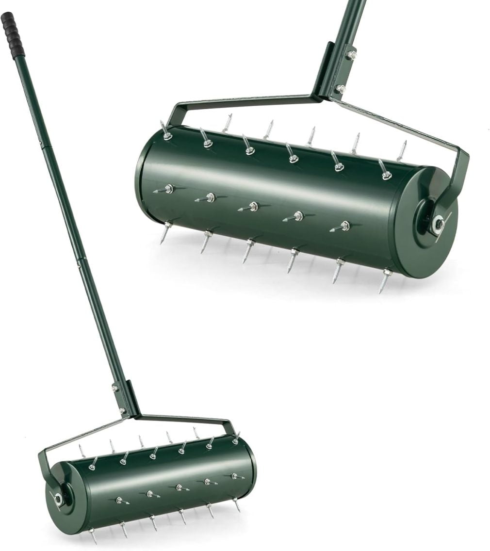 DWQF Rolling Lawn Aerator, 21-Inch Garden Yard Rotary Push Tine Filled ...