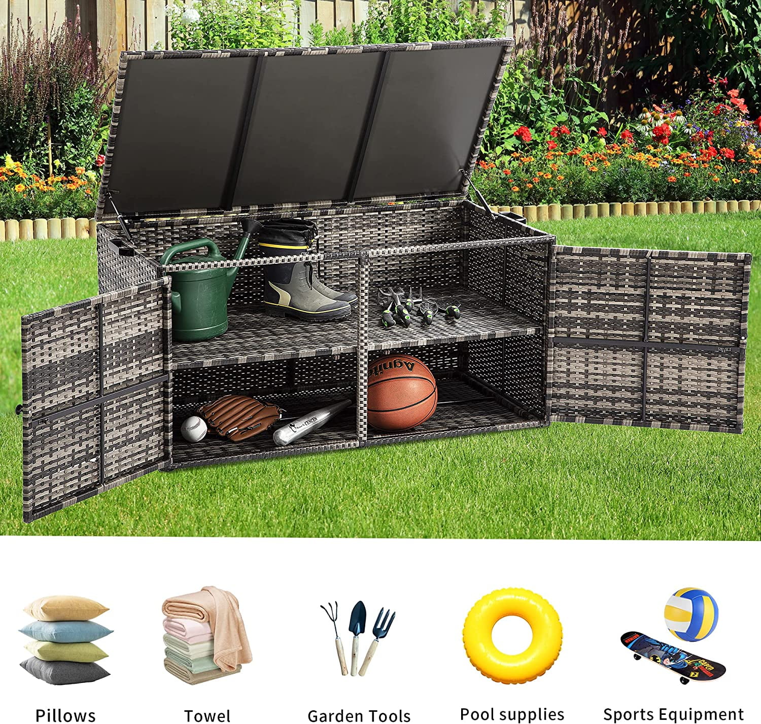 DWVO 120 Gallon Outdoor Wicker Storage Box, Rattan Deck Box with Lid ...
