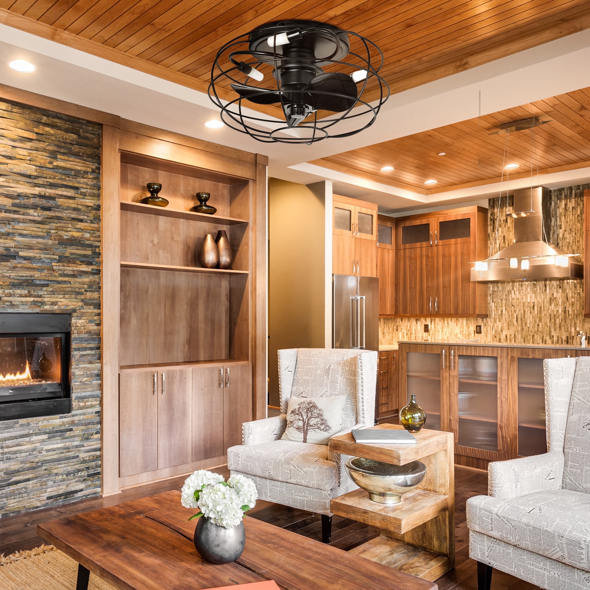 DWVO 15in Flush Mount Caged Ceiling Fans with Lights Remote Control ...