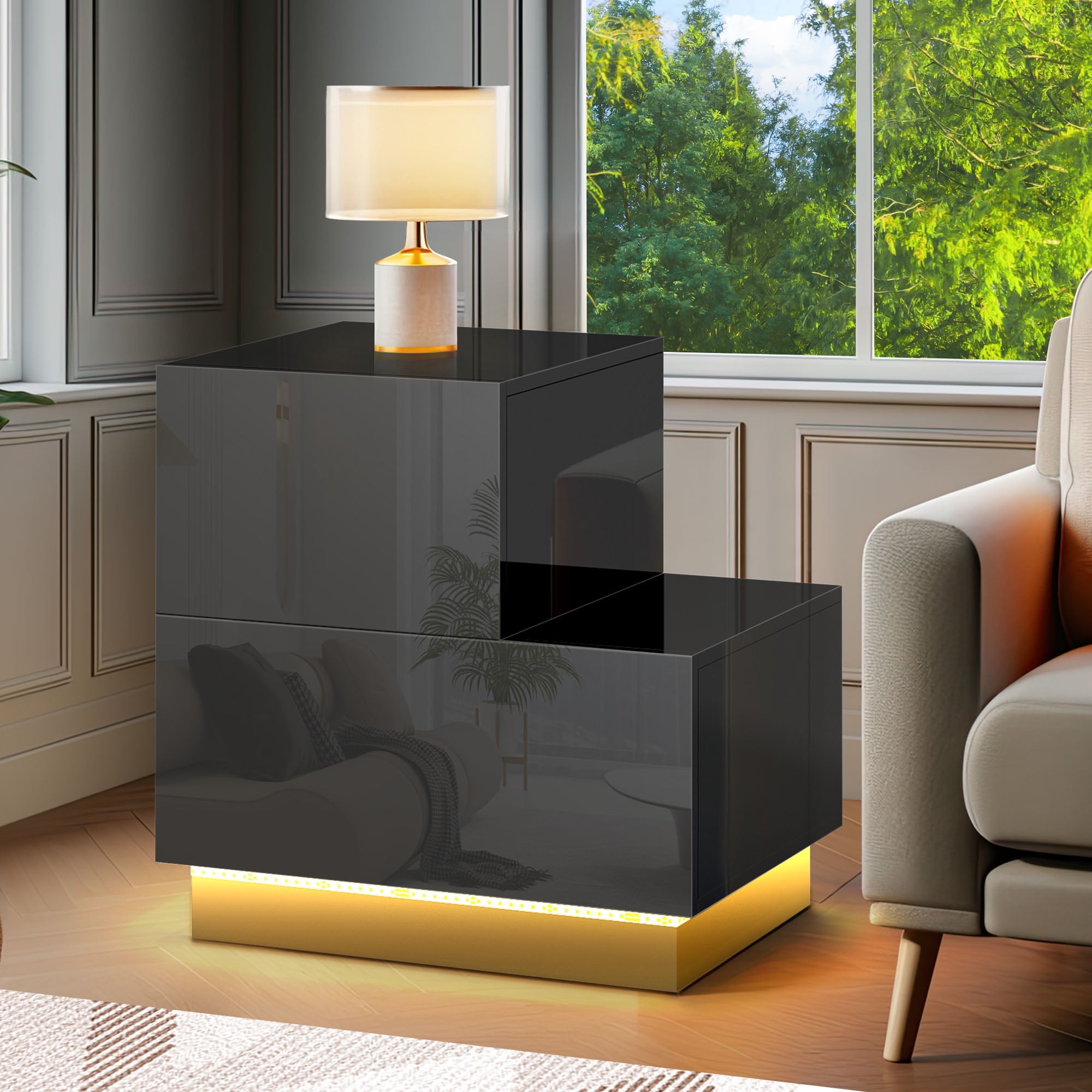 DWVO 21.6" Modern LED Nightstand, L-Shaped 2 Drawers Nightstand with ...