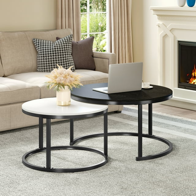 DWVO 2Pcs Nesting Coffee Table Round Wood Coffee Tables Cocktail Tables ...