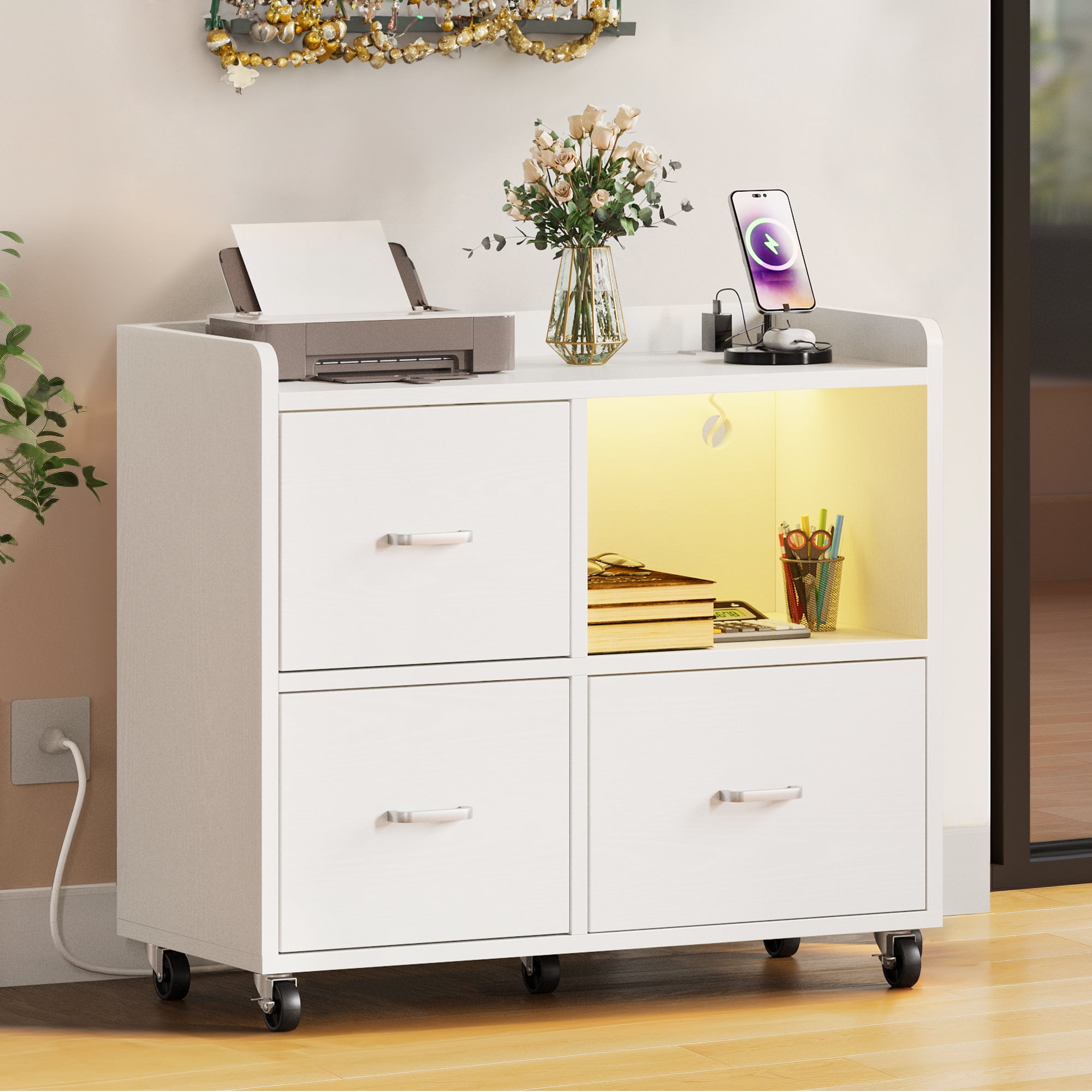 DWVO 3 Drawer Wood File Cabinet with Charging Station & LED Light ...