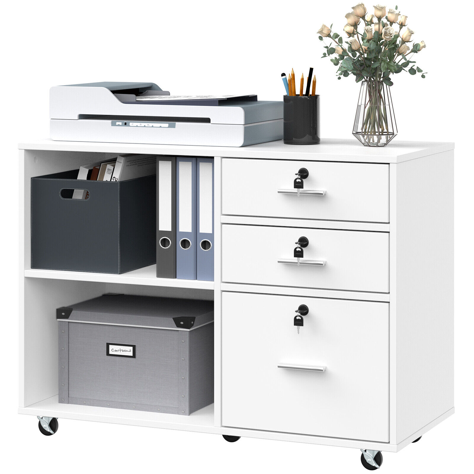DWVO 3 Drawer Wood Lateral Filing Cabinet with Locks, Printer Stand ...