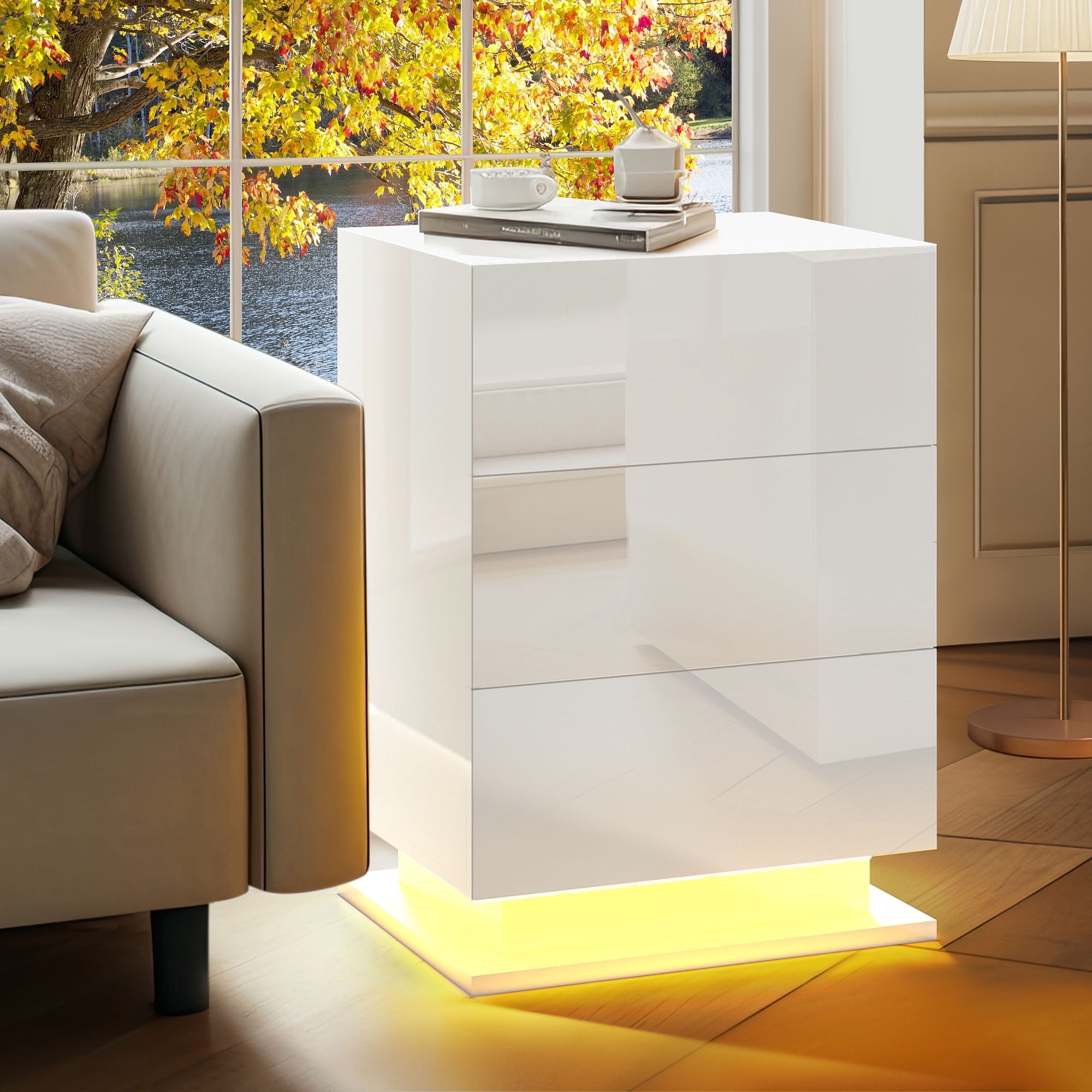 DWVO 3 Drawers Modern LED Nightstand, 27" UV High Gloss Bedside Tables ...