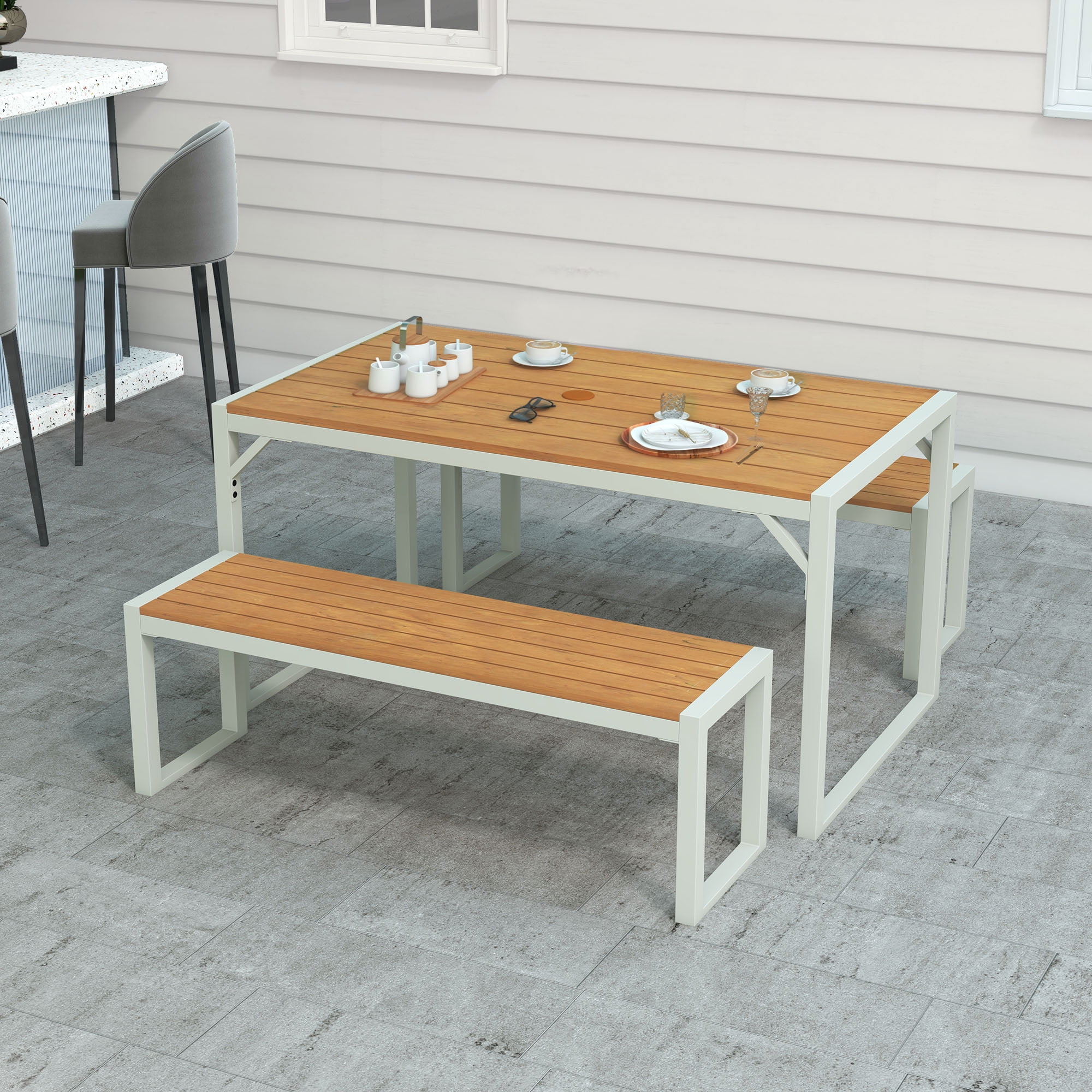 DWVO 3 PCS Outdoor Acacia Wood Patio Dining Table Bench Set with ...