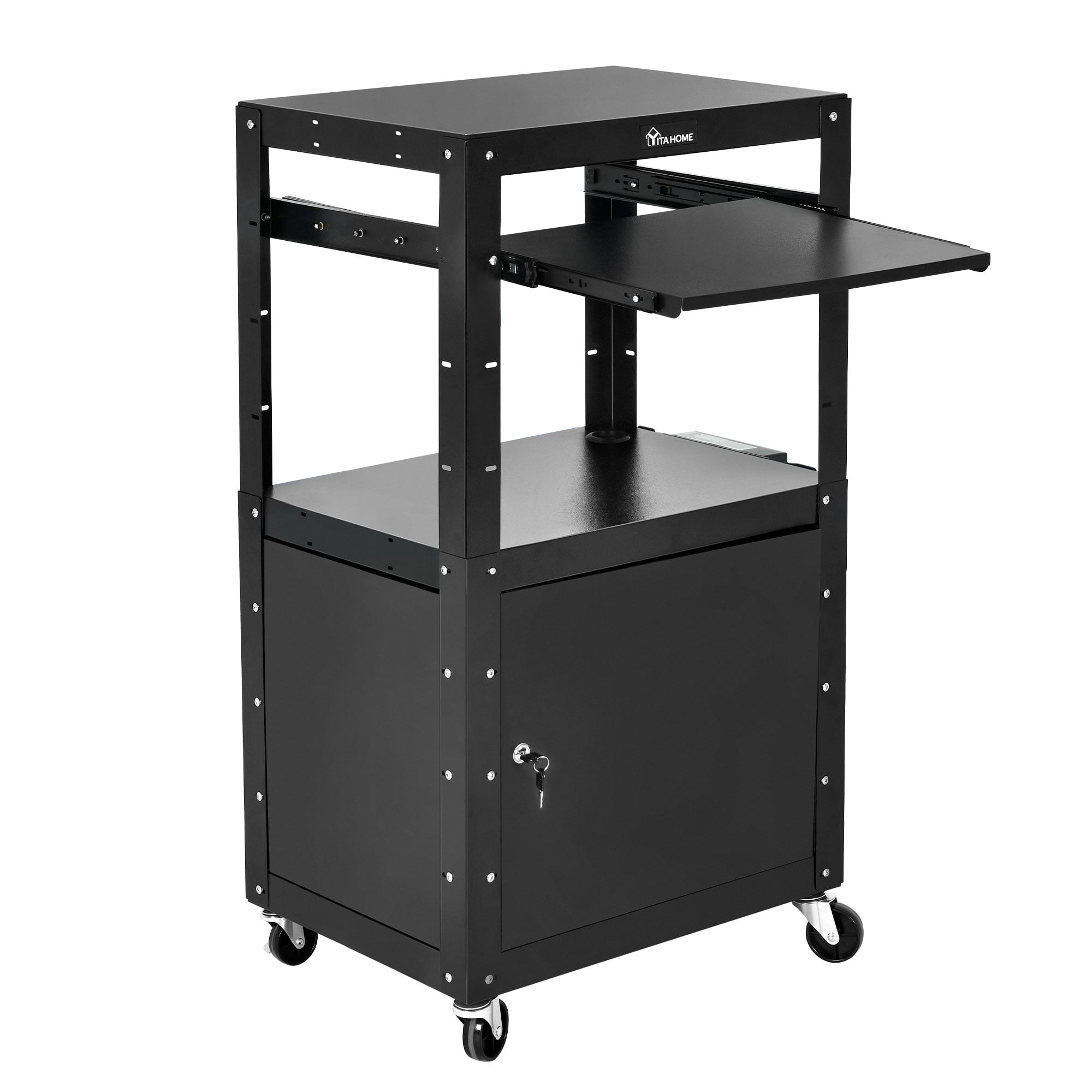 DWVO 3-Shelf Movable AV Cart with Storage Cabinet, Steel Power Charging ...