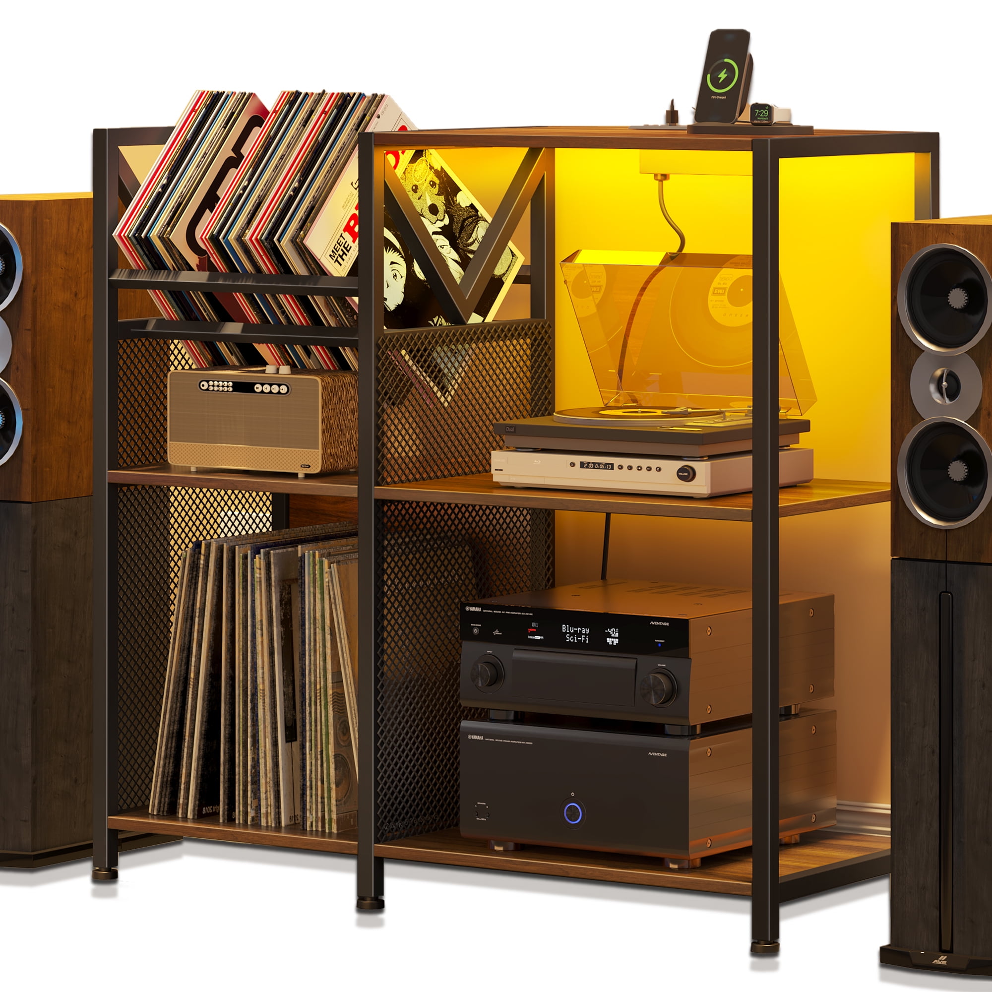 DWVO 3 Tier Turntable Record Player Stand with Power Outlets and LED ...