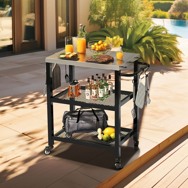 DWVO 31.4" Outdoor Grill Cart with Stainless Steel Tabletop, 3 Tier ...
