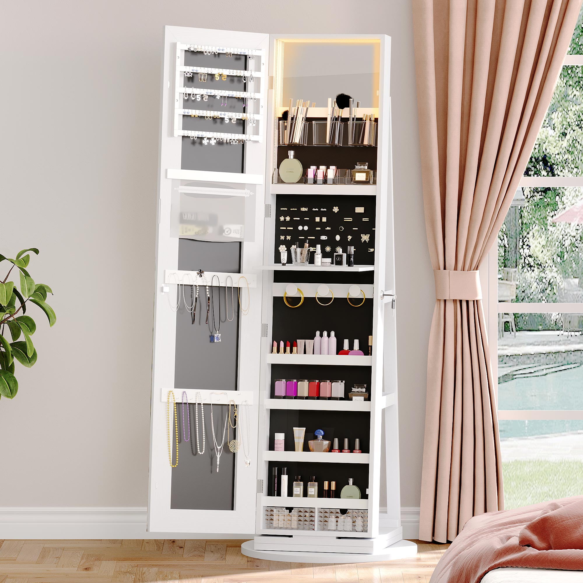 DWVO 360° Swivel Jewelry Cabinet, Lockable Armoire w/Full-Length Mirror ...
