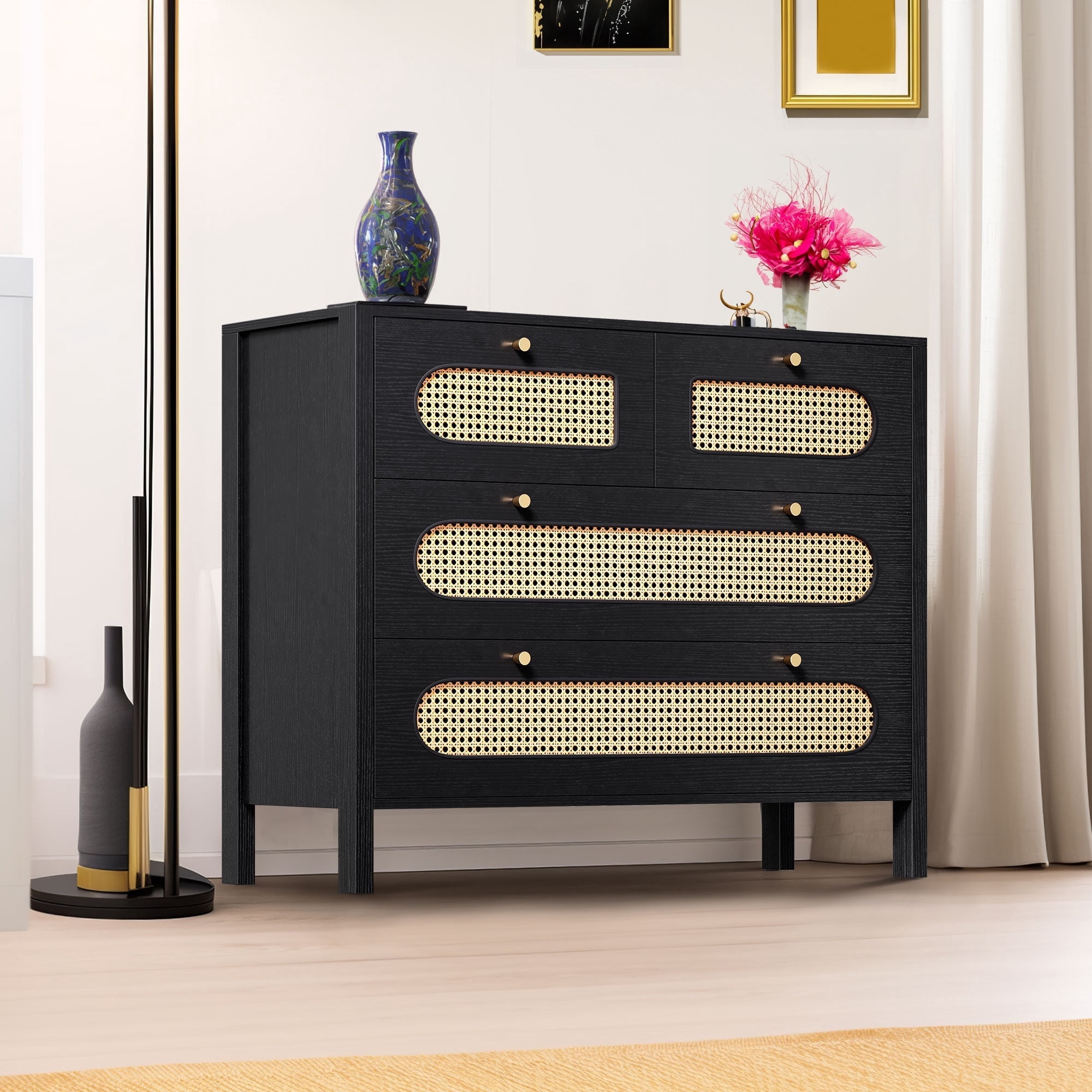 DWVO 4 Drawer Dresser, 36.6" Rattan Dresser with Metal Handles ...