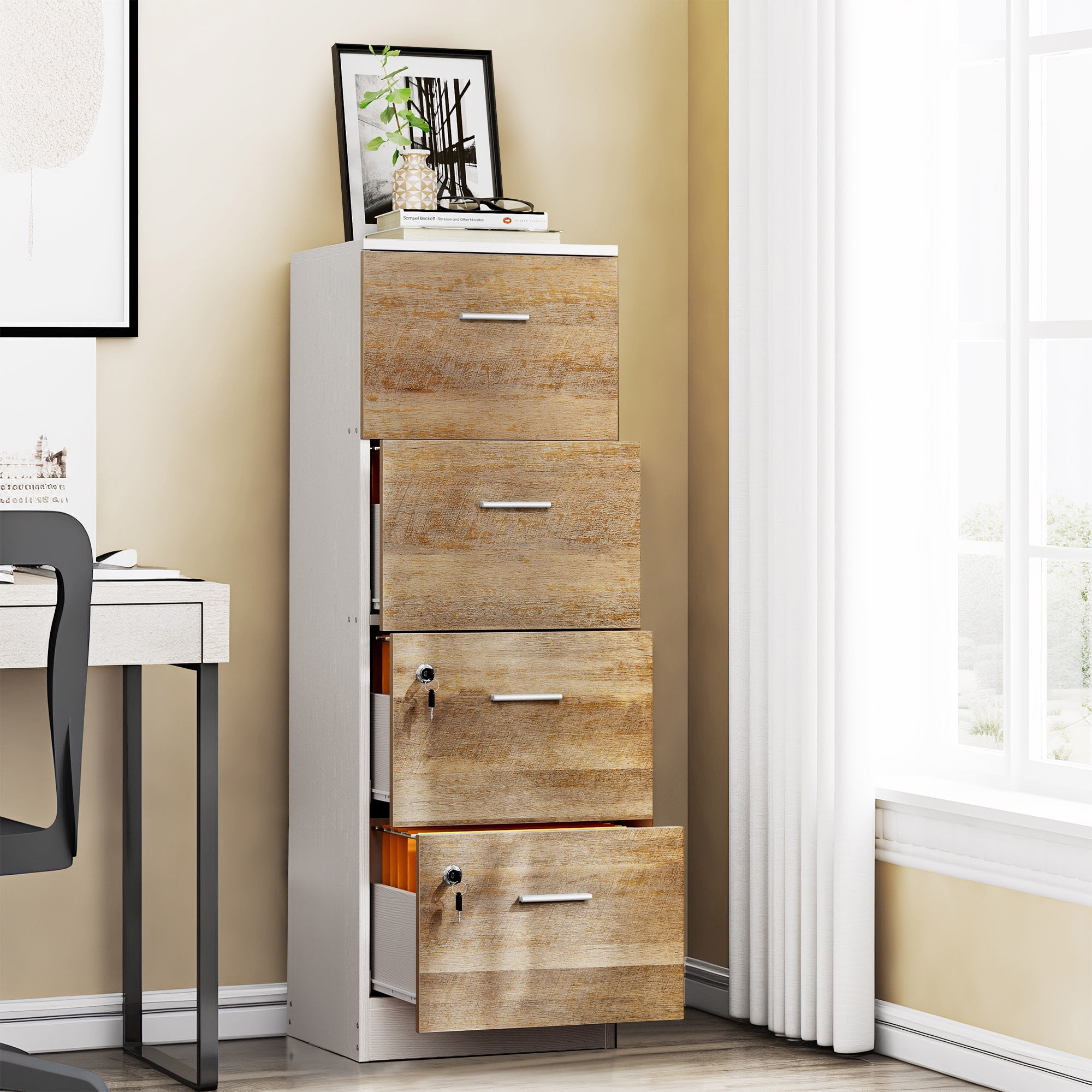 DWVO 4-Drawer Wood File Cabinet with Lock,15.8" Deep Vertical Filing ...