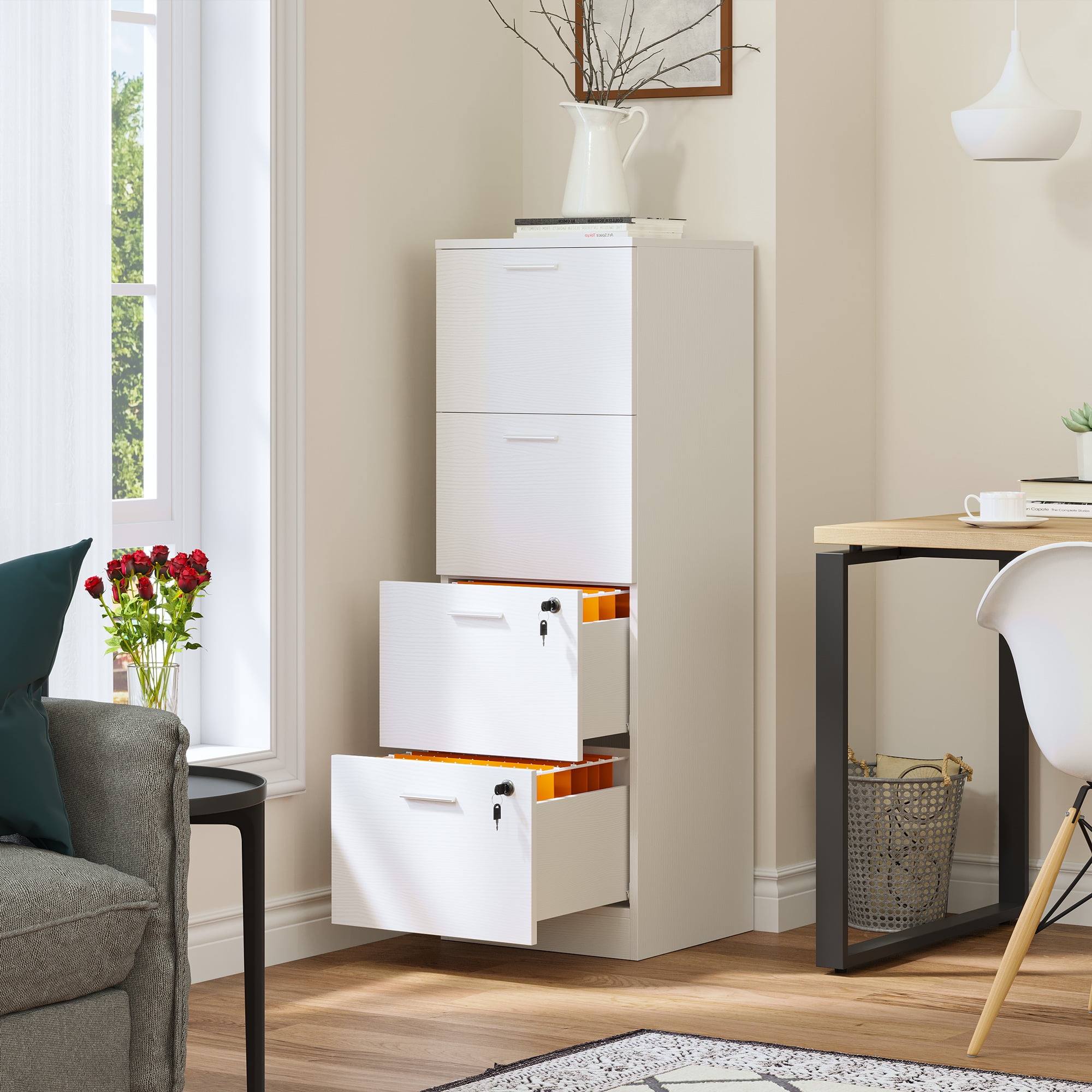 "DWVO 4-Drawer Wooden File Cabinet, Lockable, for A4 Files, 15.8"" Deep ...