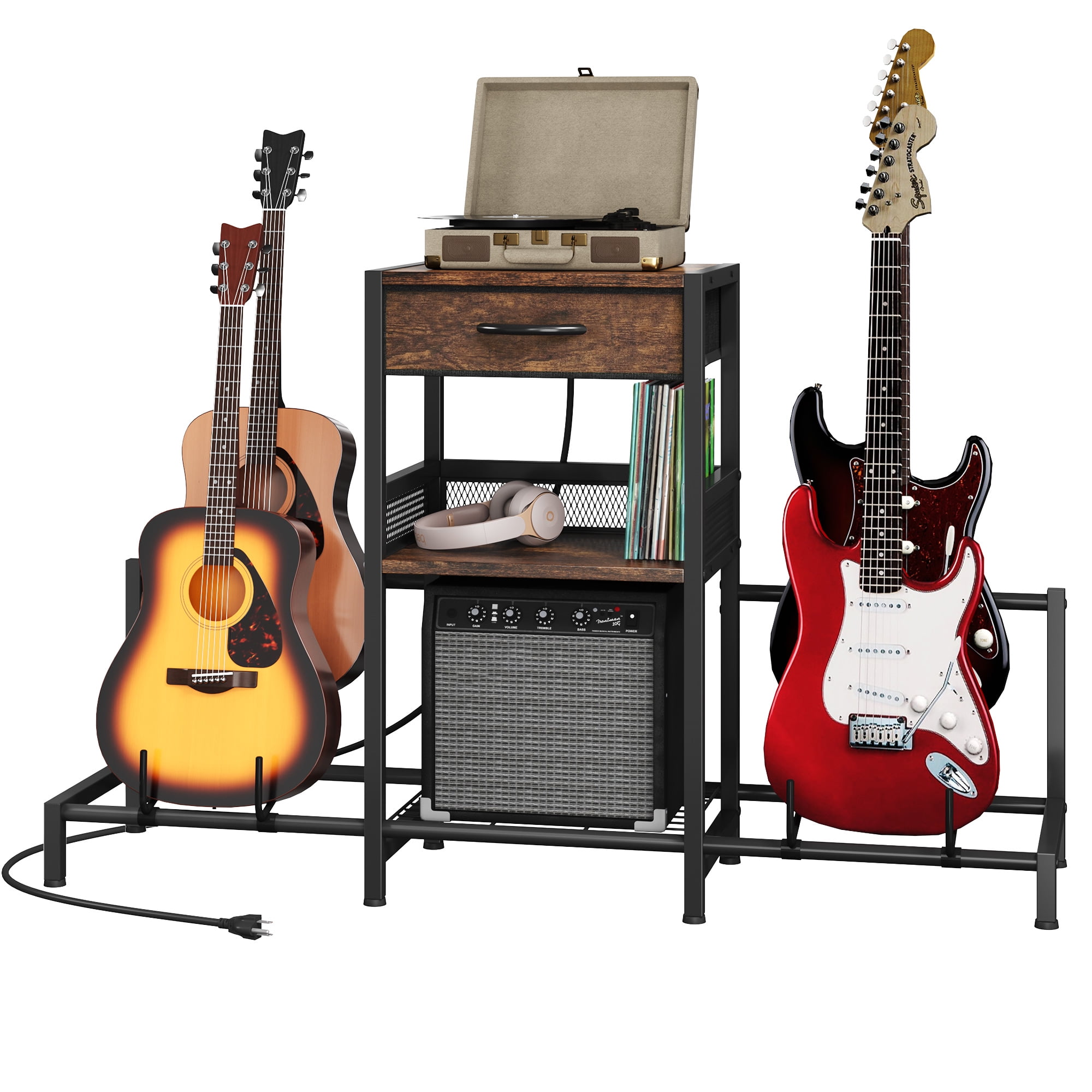 DWVO 4-Tier Adjustable Guitar Stand with Storage Shelf and Power ...