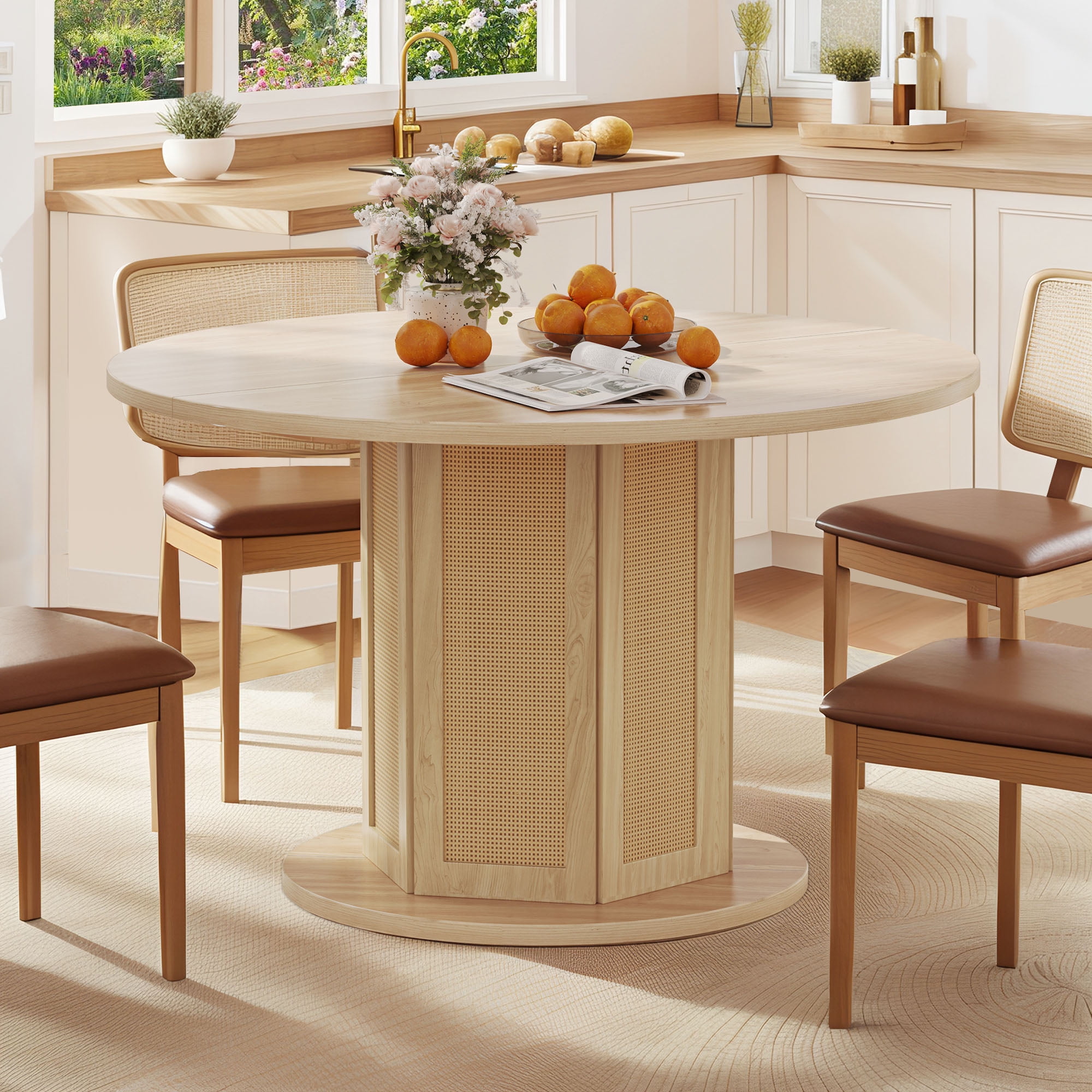 DWVO 47" Round Dinner Table, Wood Farmhouse Rattan Kitchen Table for 4 ...