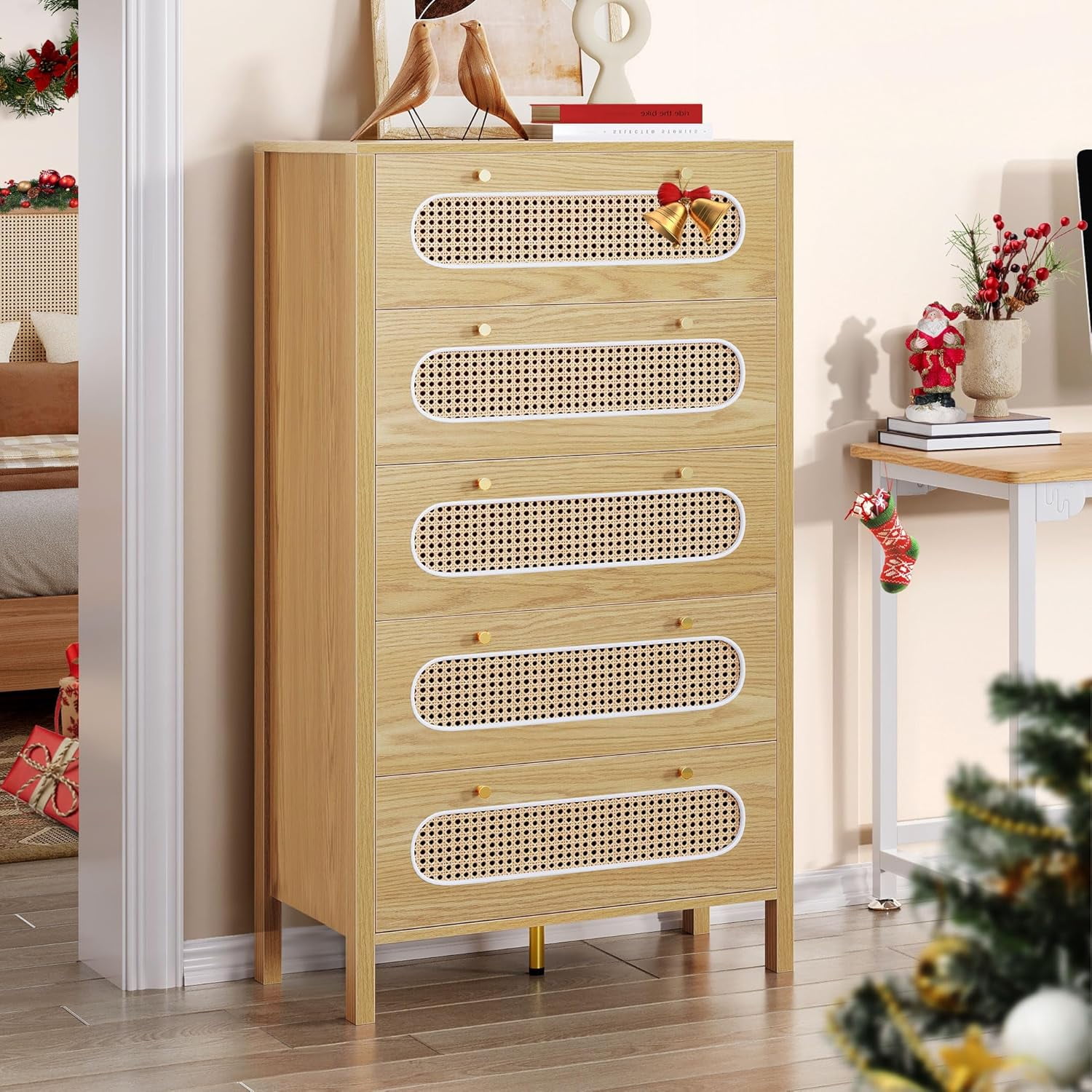 DWVO 47" Tall Natural Rattan 5 Drawer Dresser, Boho Dresser Chest of ...