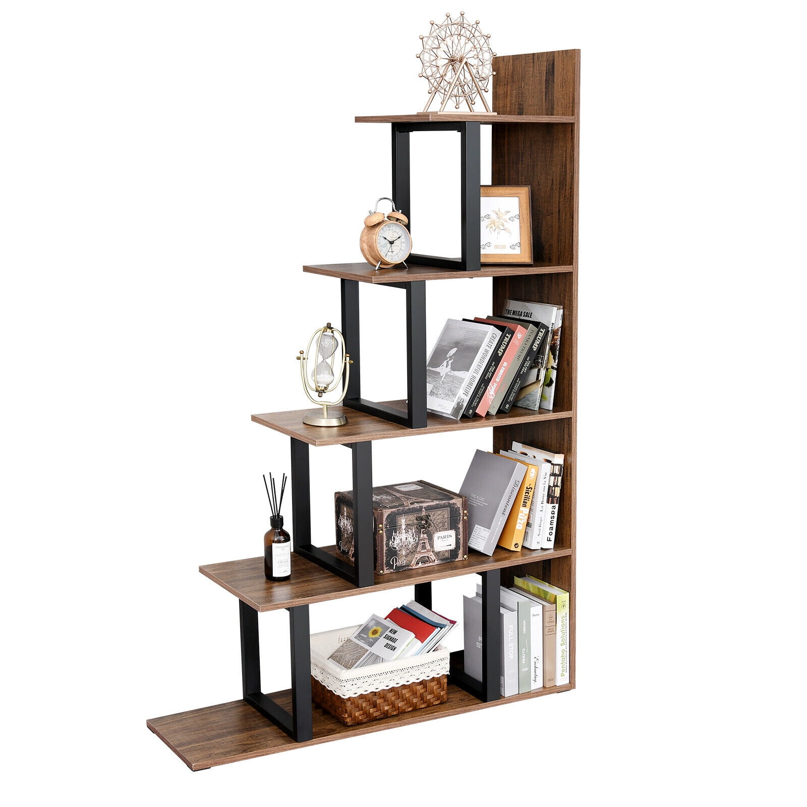 DWVO 5 Shelf Wooden L-Shape Bookcase Storage Shelves Corner Bookshelf ...