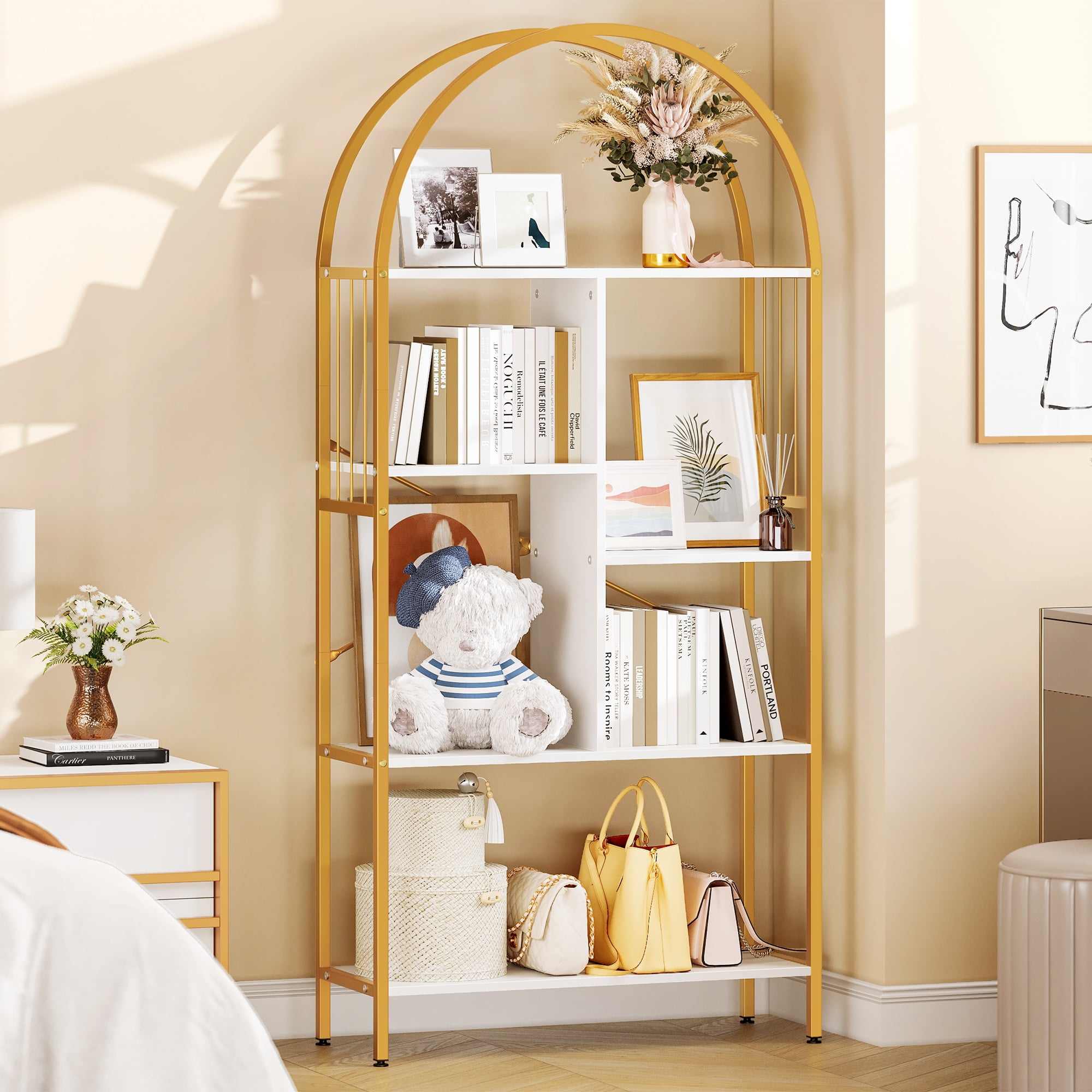 DWVO 5 Tier Arched Bookshelf and Bookcase, Gold Standing Book Shelf ...