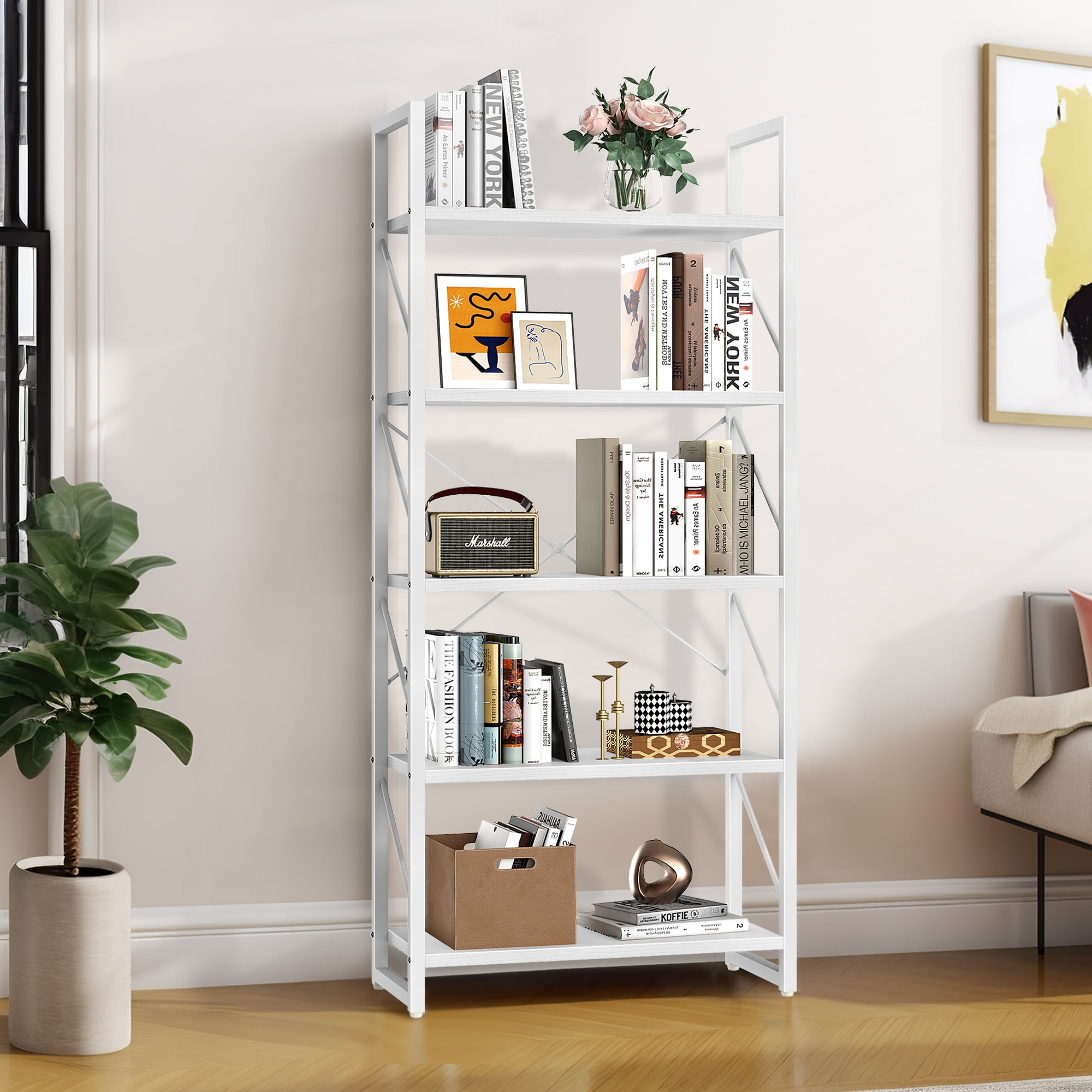 DWVO 5-Tier Bookshelf, White Bookcase, Industrial Freestanding Book ...
