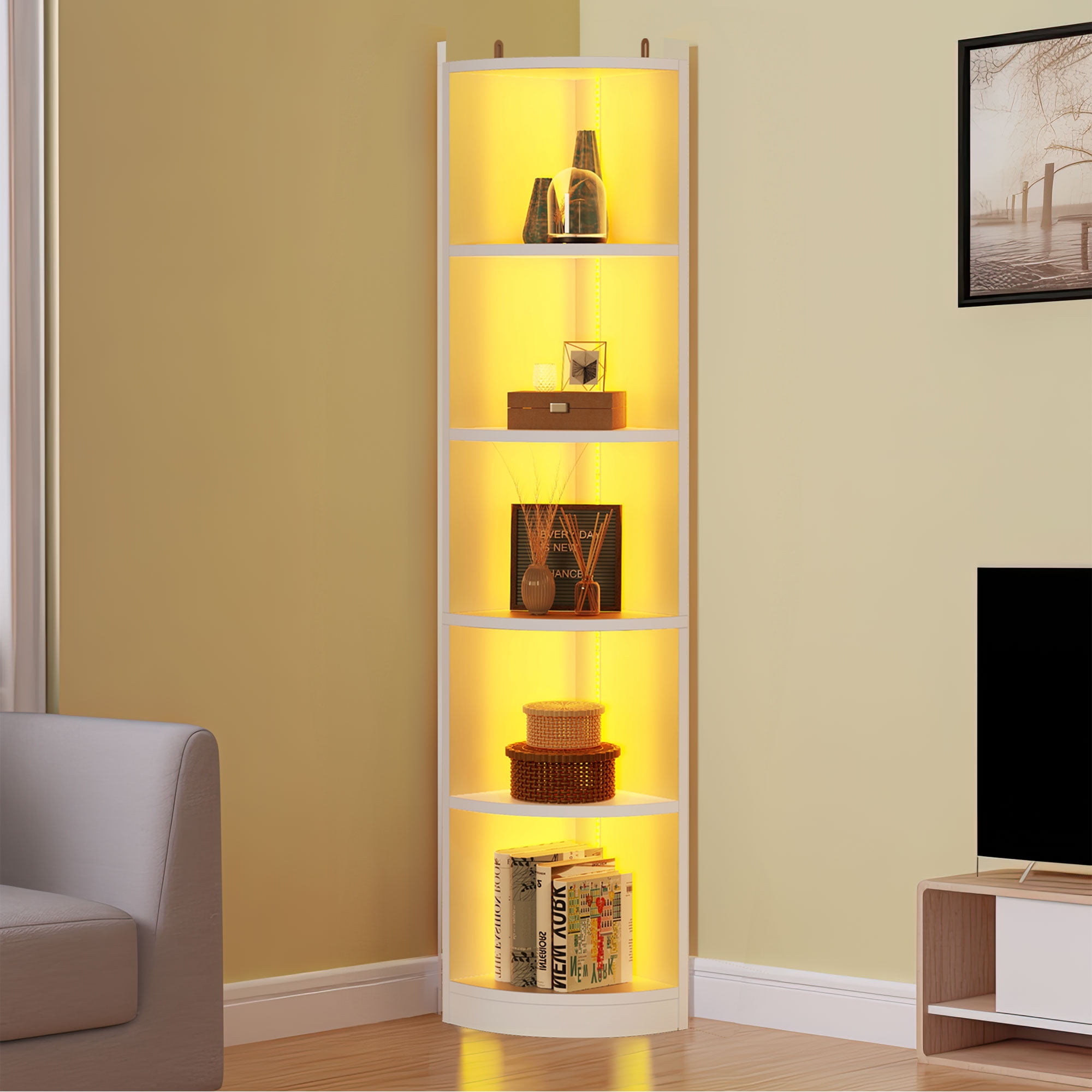DWVO 5-Tier Corner Bookcase with LED Light, 70.8" Tall Modern Free ...