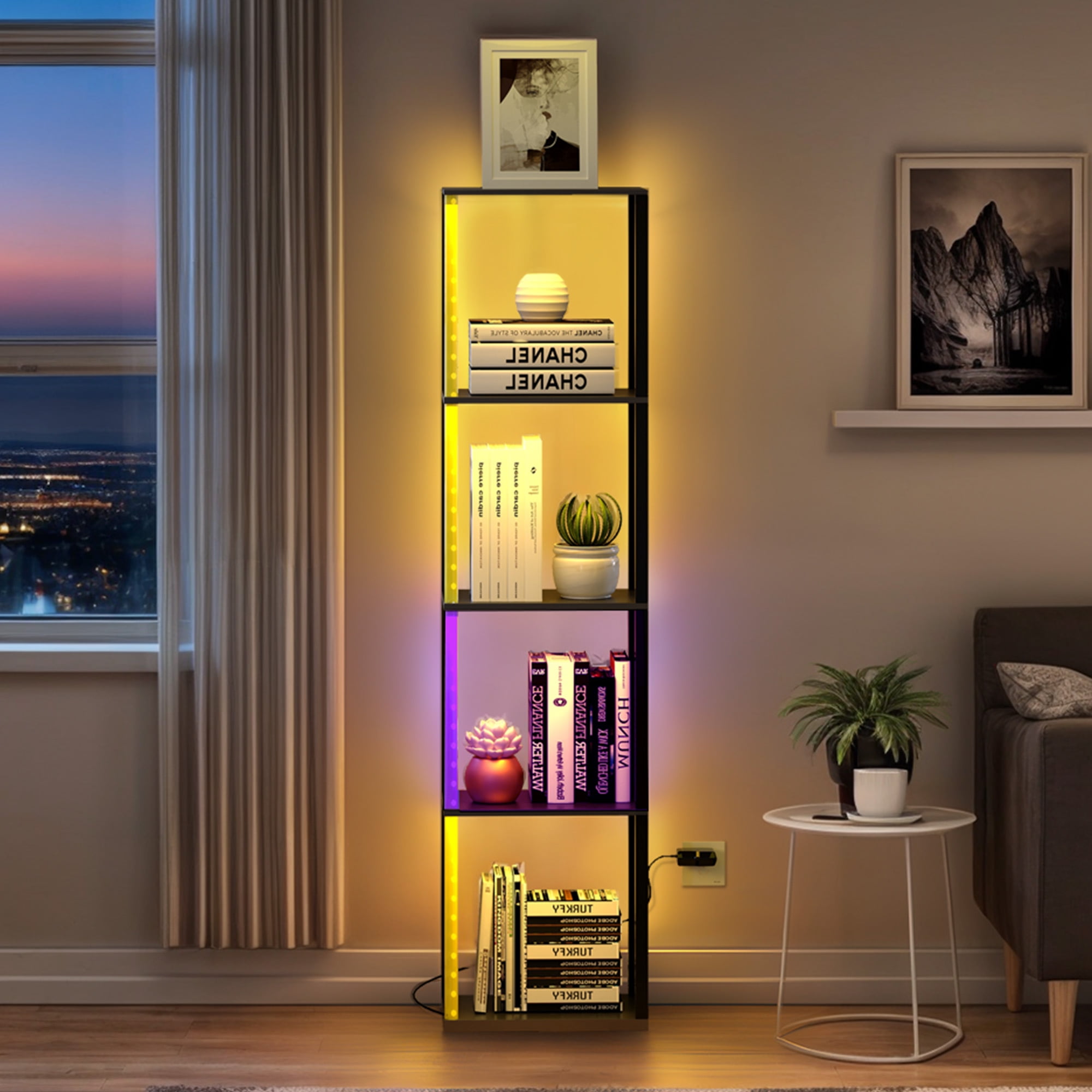 DWVO 5-Tier Corner Bookcase with LED Light, Modern Free Standing Corner ...