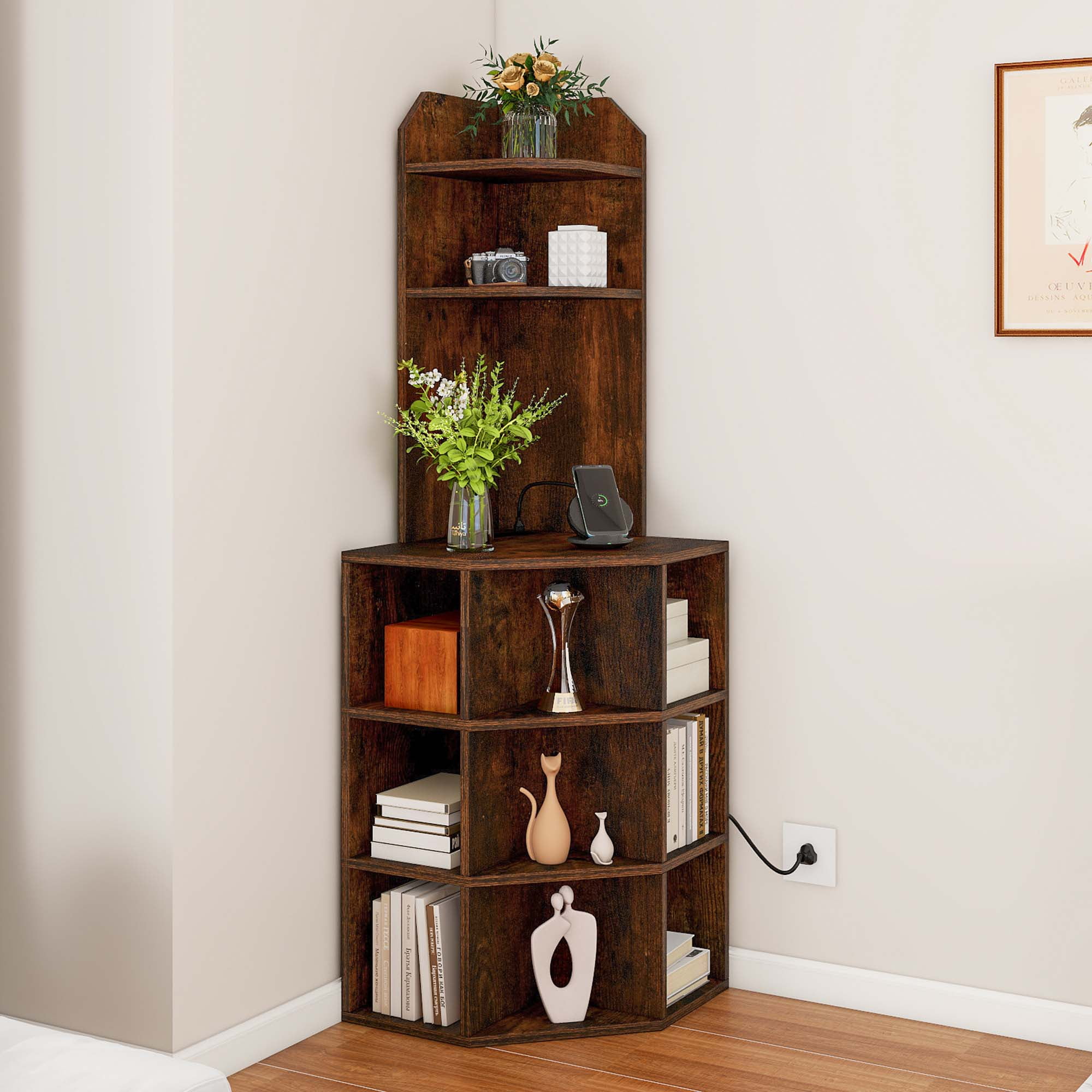 DWVO 5-Tier Corner Shelf with USB Ports and Outlets, Corner Bookshelf ...