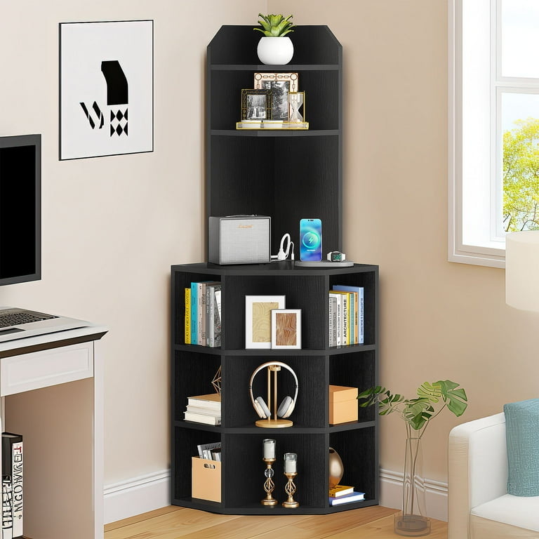 DWVO Tall 5 Tier Corner Shelf with Charging Ports in Black Industrial Bookshelf Furniture for Home or Office Walmart