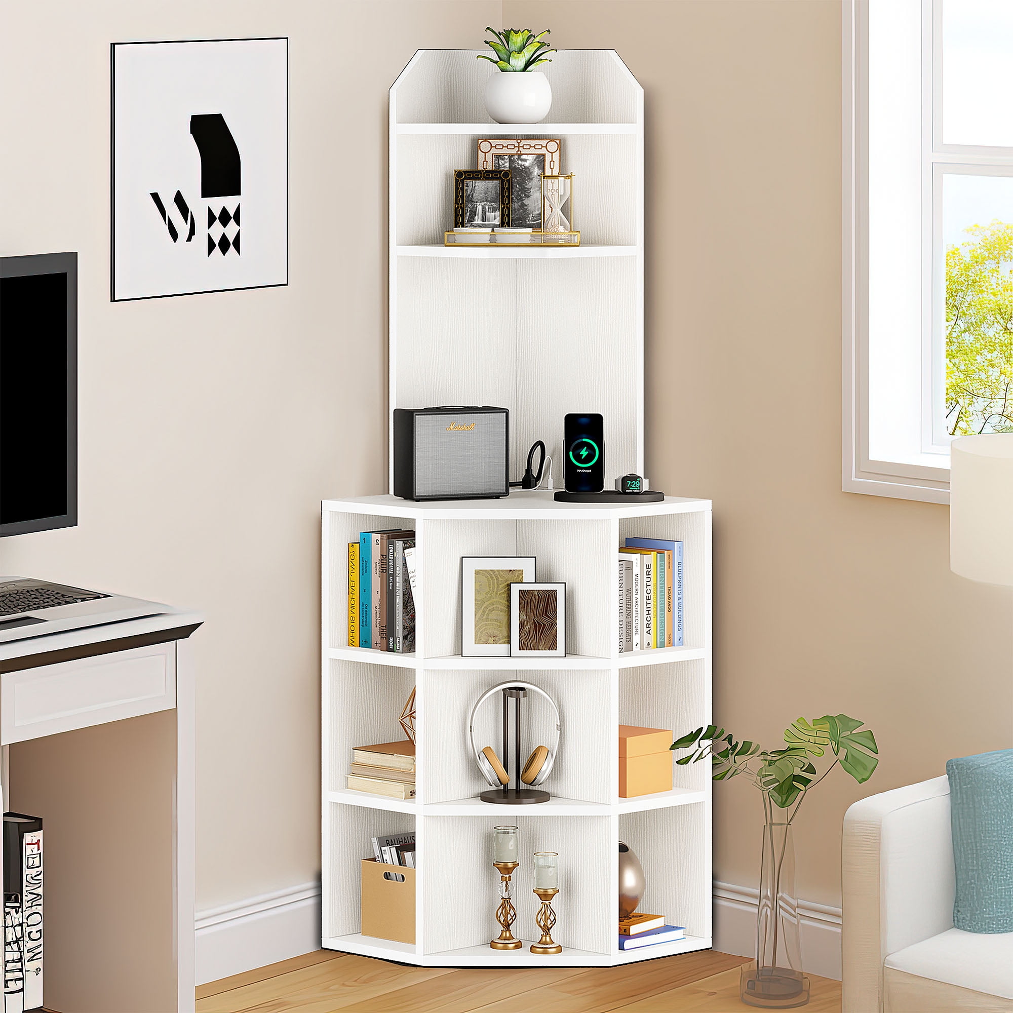 DWVO 5-Tier Corner Shelf with USB Ports and Outlets, Industrial Corner ...