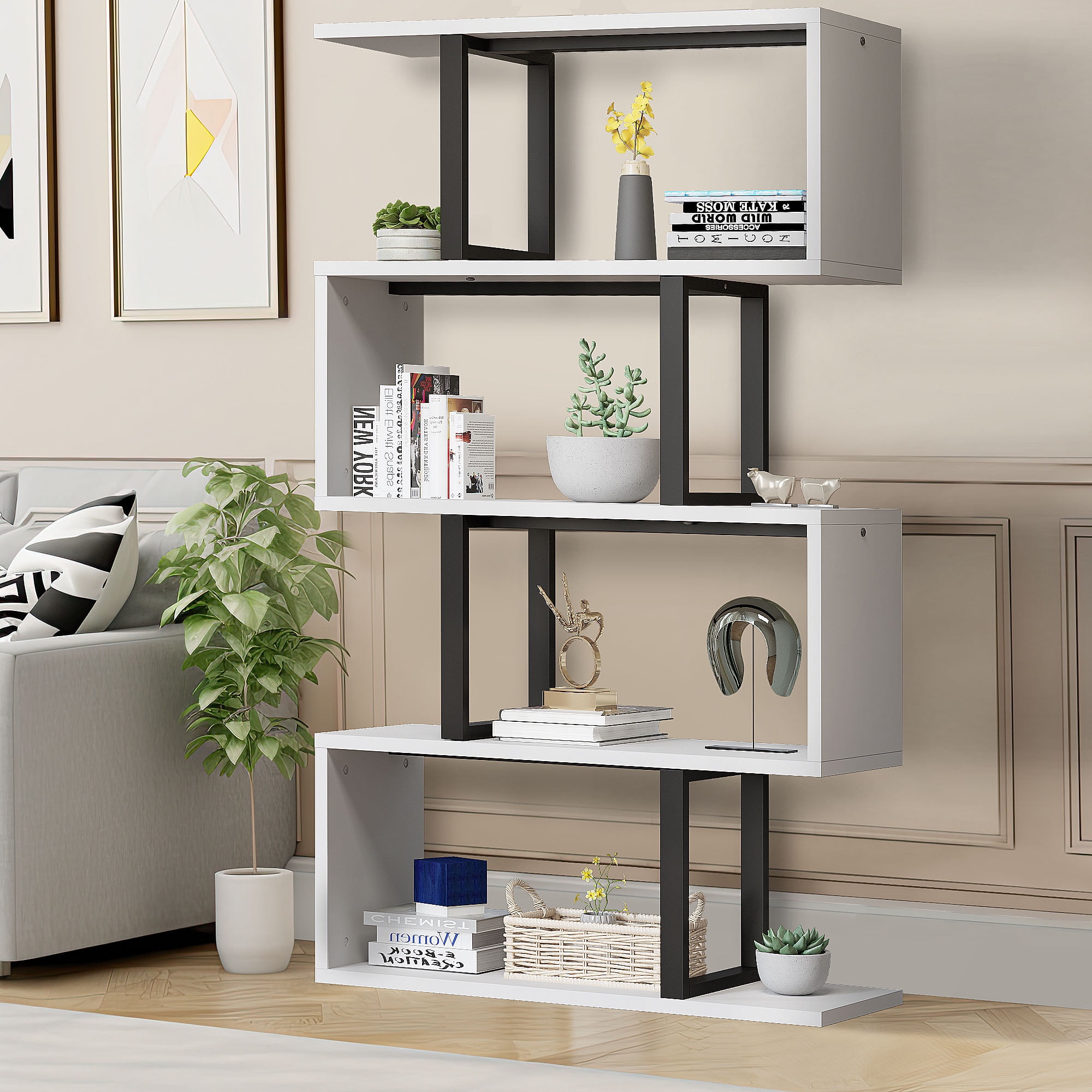 DWVO 5-Tier S-Shaped Bookshelf, Wooden Bookcase with Metal Frame ...