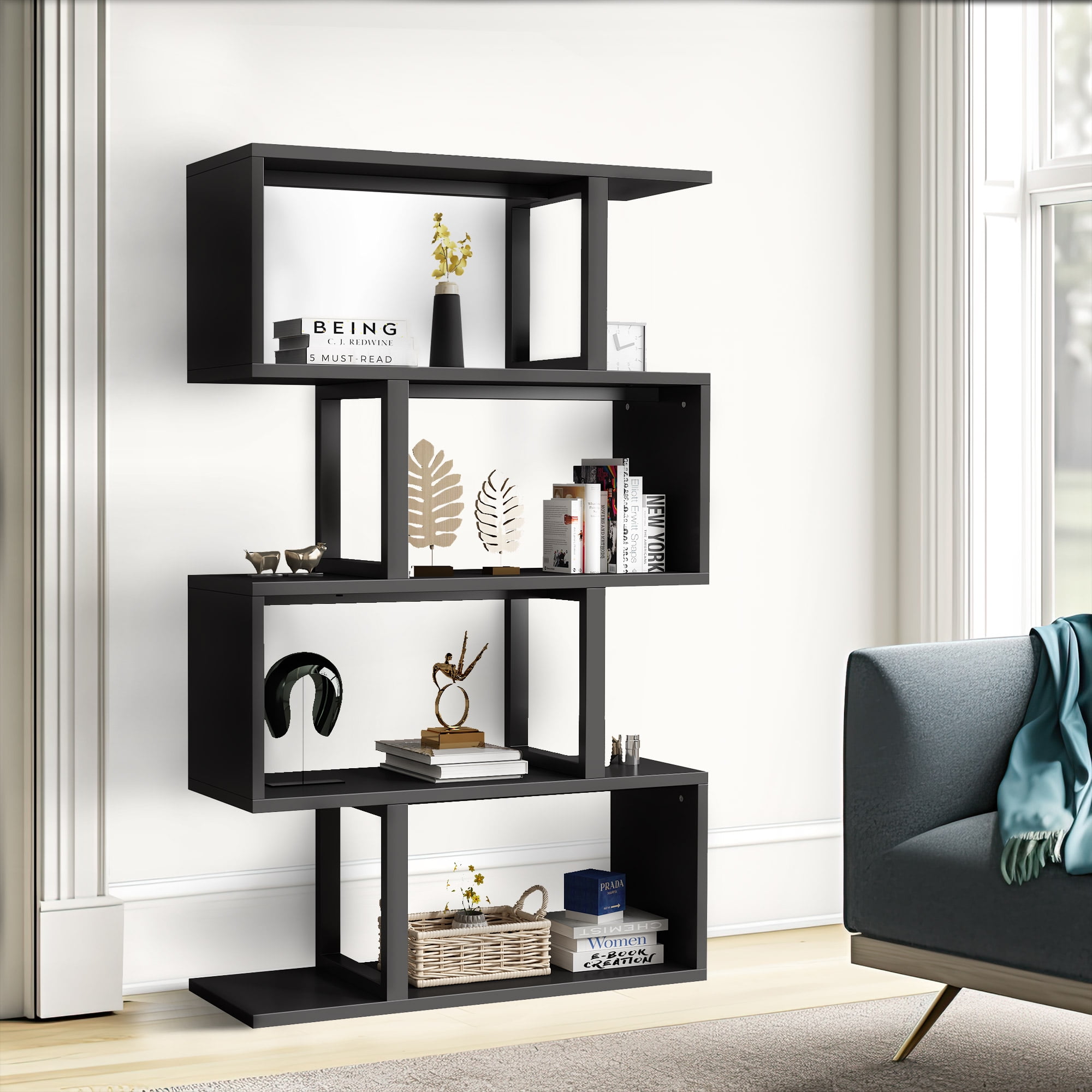 DWVO 5-Tier S-Shaped Bookshelf, Geometric Bookcase Wooden Z-Shelf ...