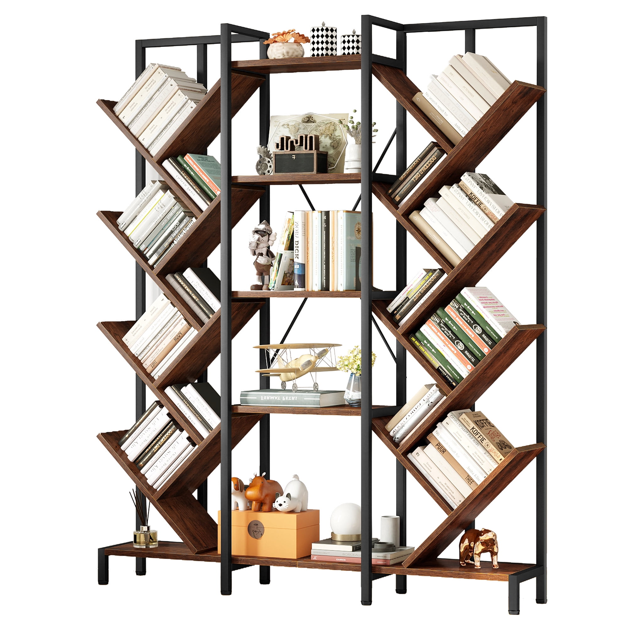 DWVO 5 Tier Tall Bookshelf, 70.8" Wide Tree Bookcase, Industrial Large ...