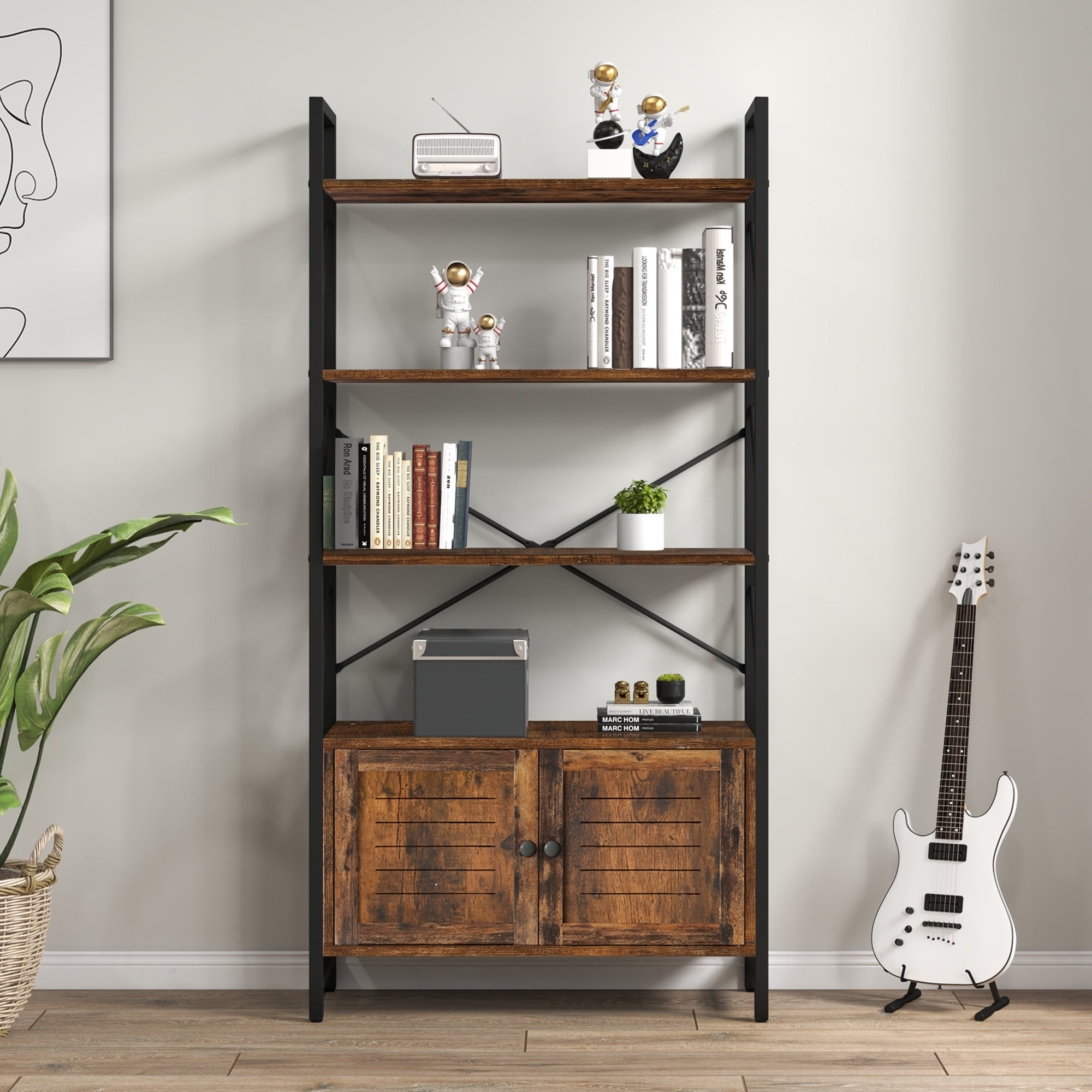 DWVO 5 Tiers Industrial Bookshelf and Bookcase with 2 Doors ...