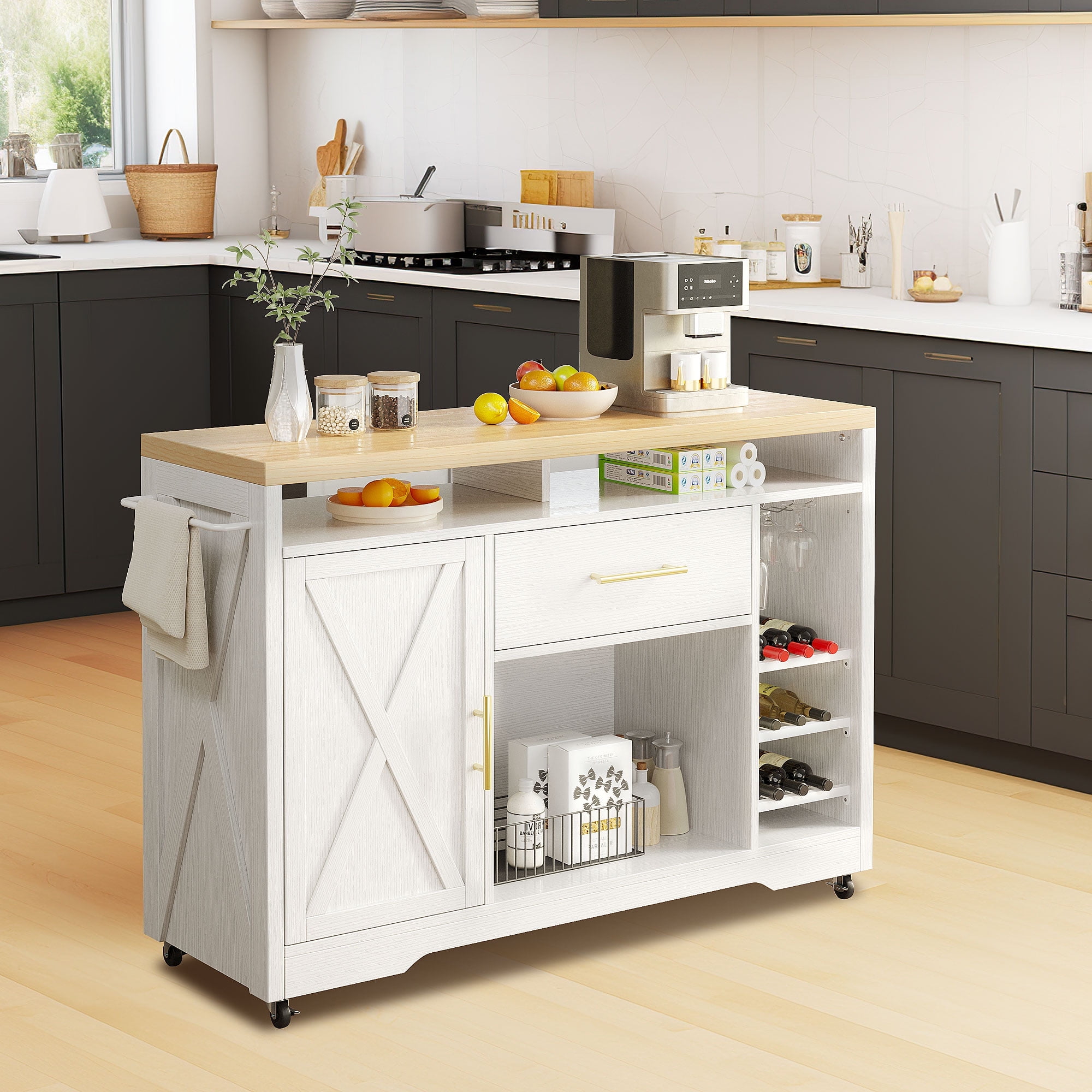 DWVO 53" Kitchen Island Cart on Wheel, Multifunctional Rolling Kitchen ...