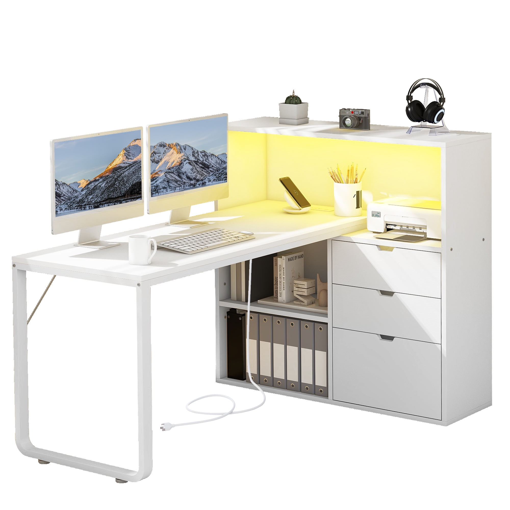 DWVO L-shaped Electric Study Desk with LED Lights & Power Outlets ...