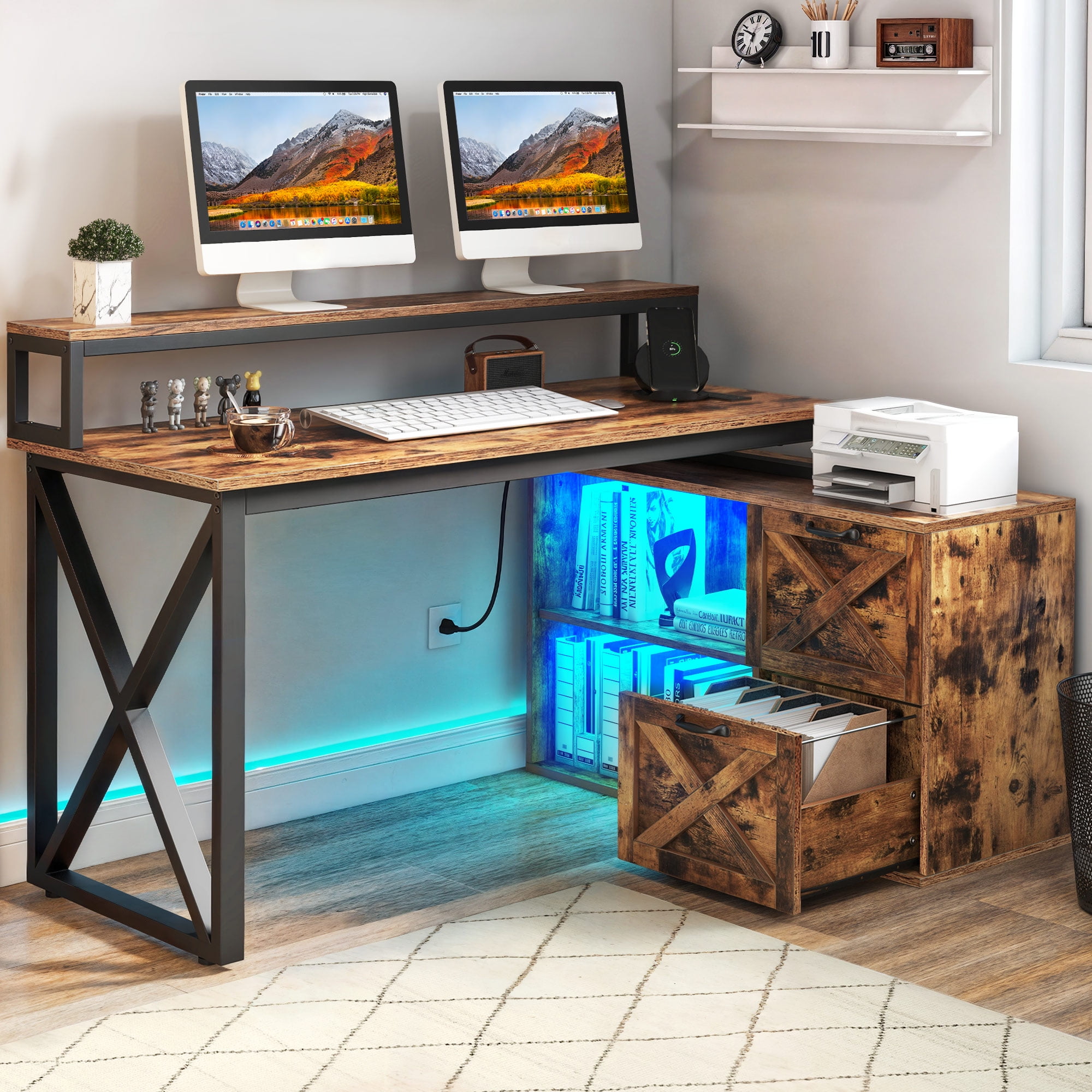 DWVO 55" L Shaped Desk with Power Outlets and Monitor Stand , Computer ...