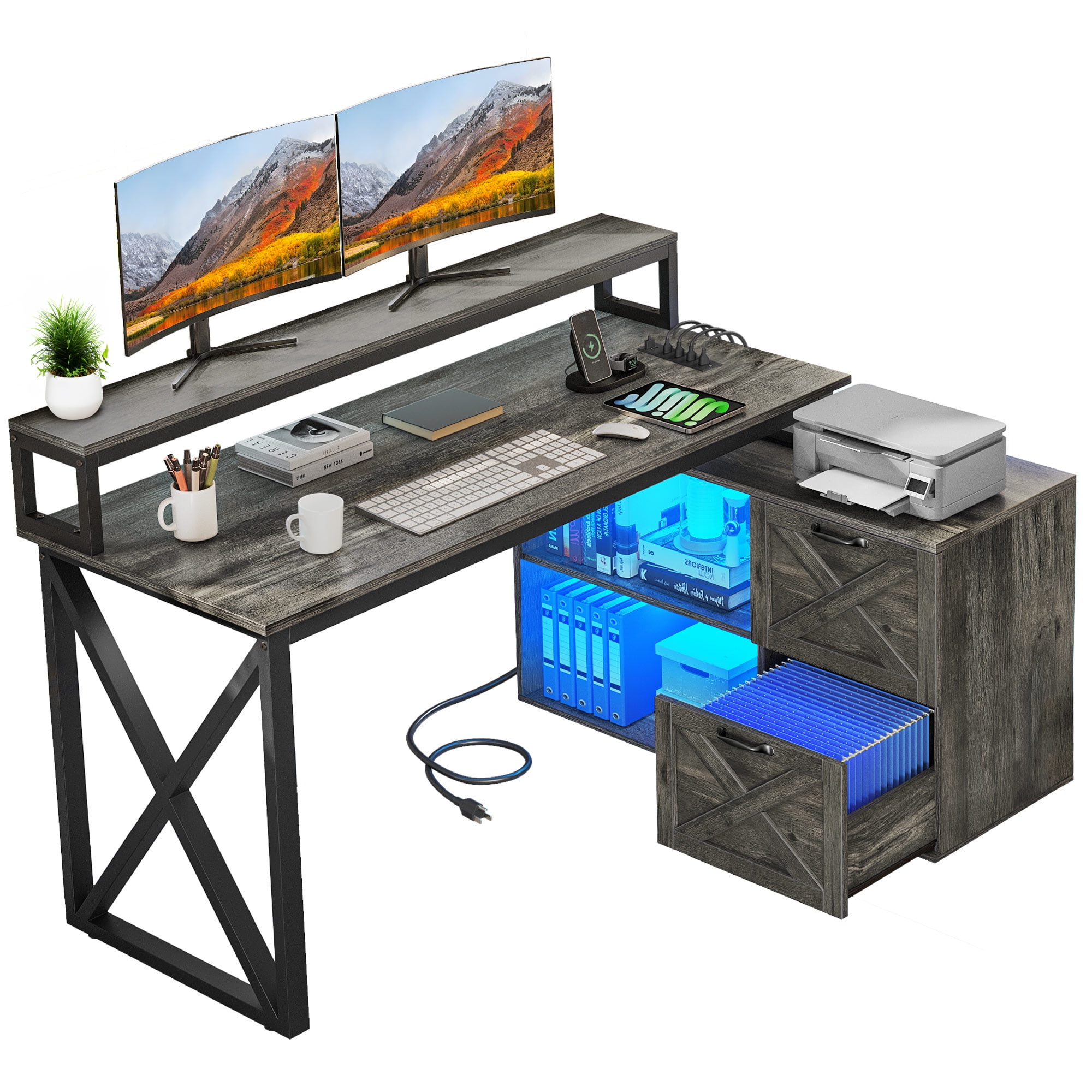 DWVO 55" L Shaped Desk with Power Outlets and Monitor Stand , Computer ...